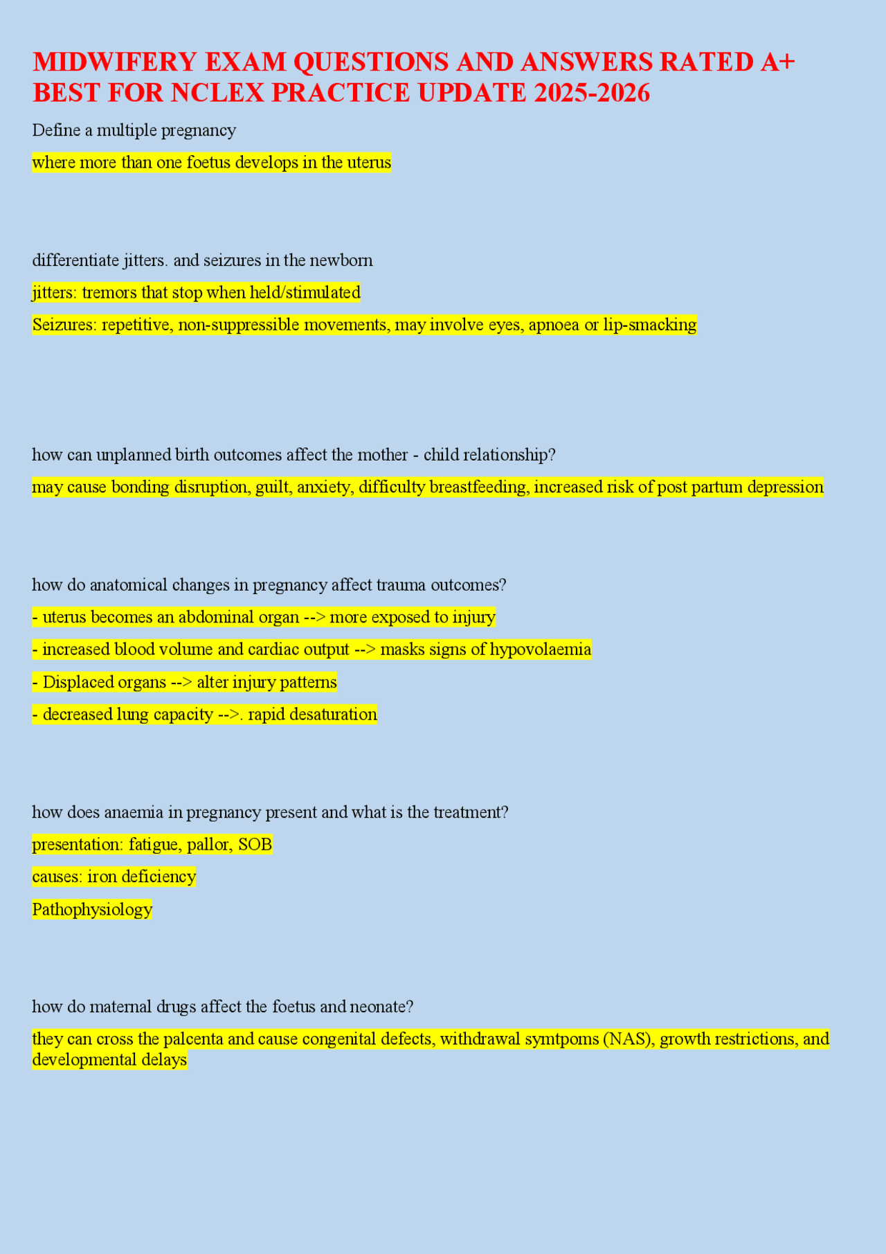 MIDWIFERY EXAM QUESTIONS AND ANSWERS RATED A+ BEST FOR NCLEX PRACTICE ...