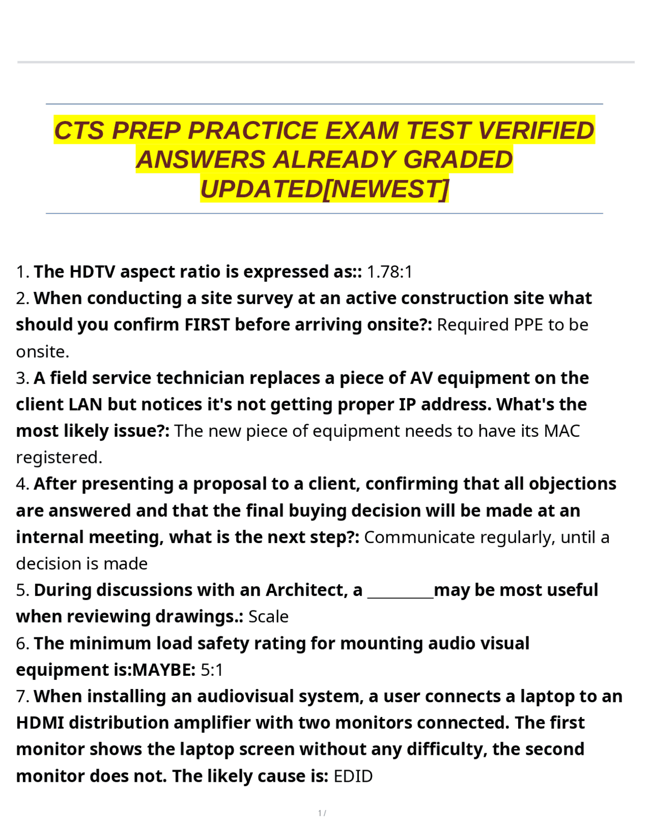 CTS Prep: Practice Exam with Verified Answers for AV Technicians ...