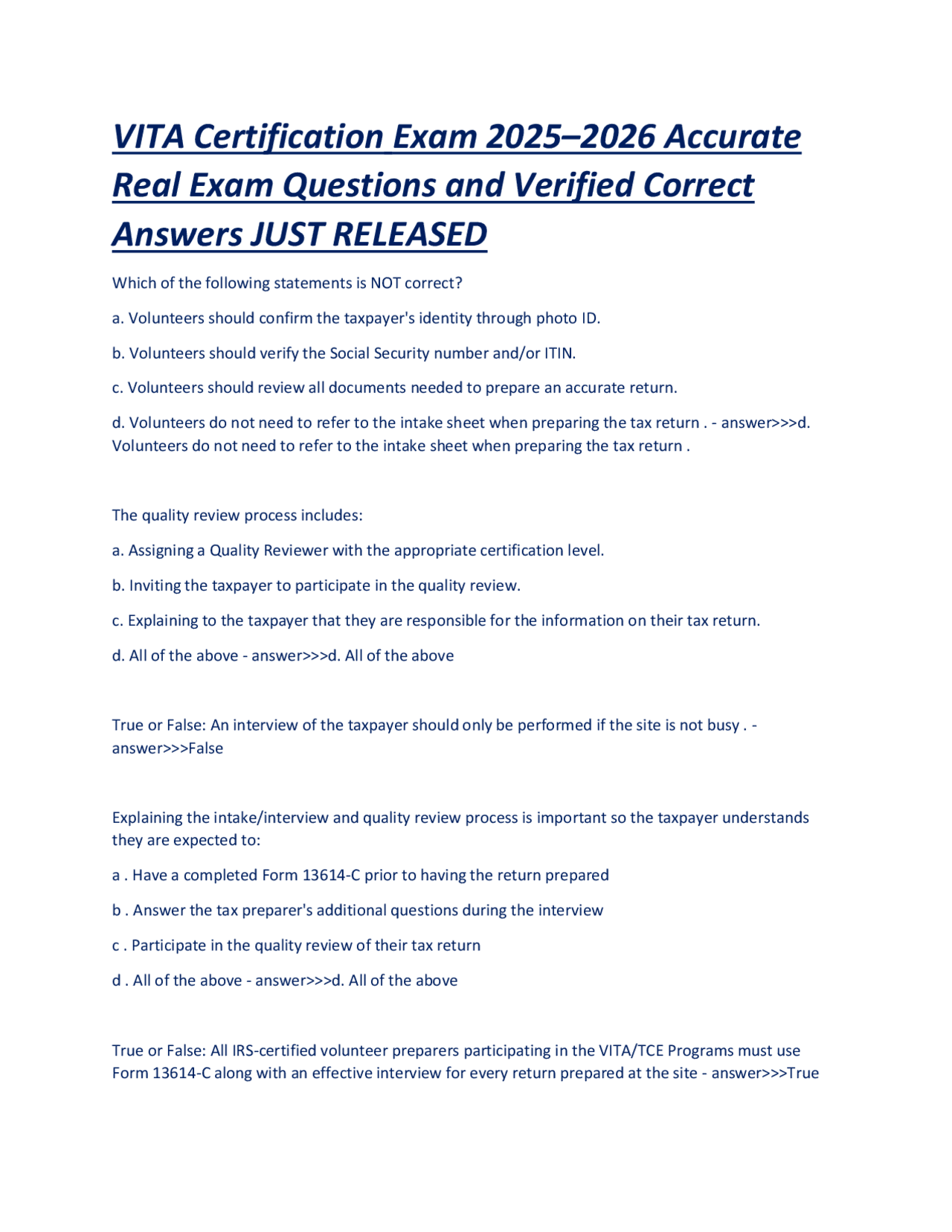 VITA Certification Exam: Practice Questions and Answers | Exams Public ...
