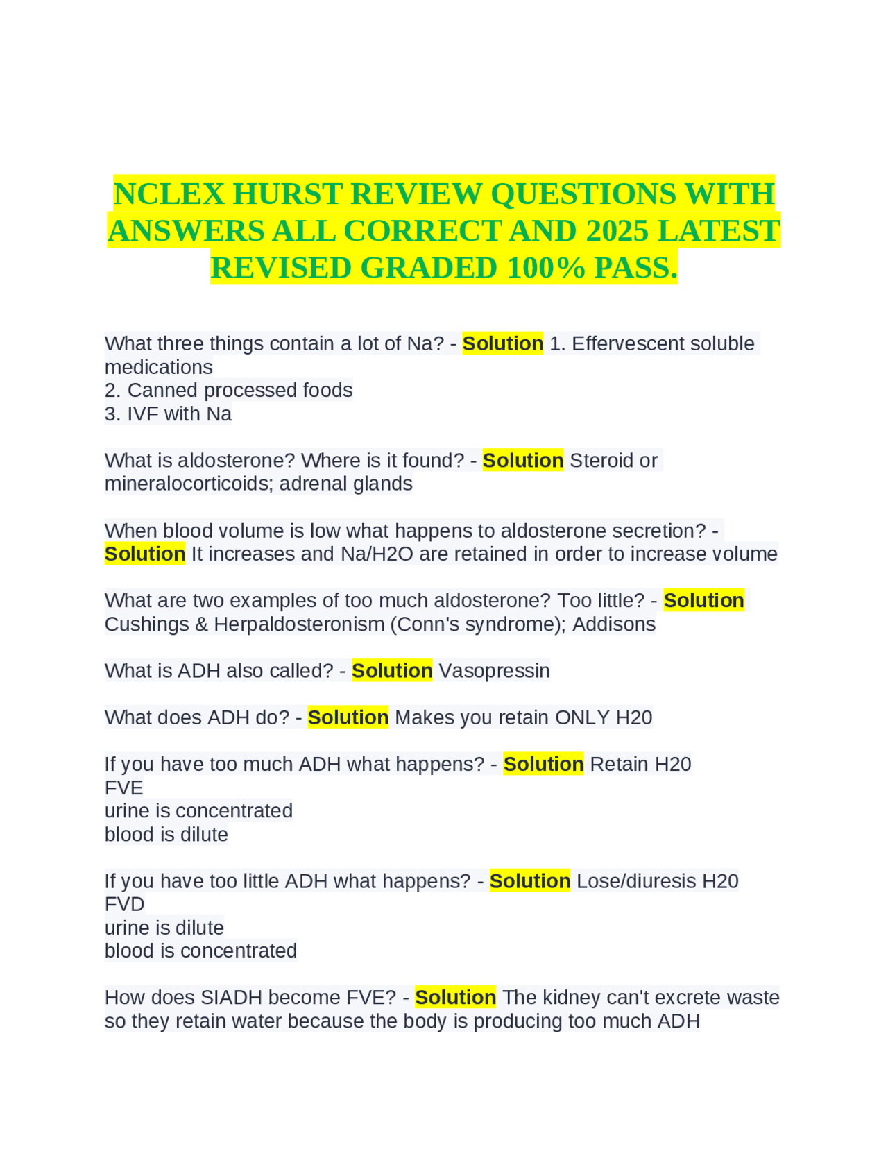 NCLEX HURST REVIEW QUESTIONS WITH ANSWERS ALL CORRECT AND 2025 LATEST ...