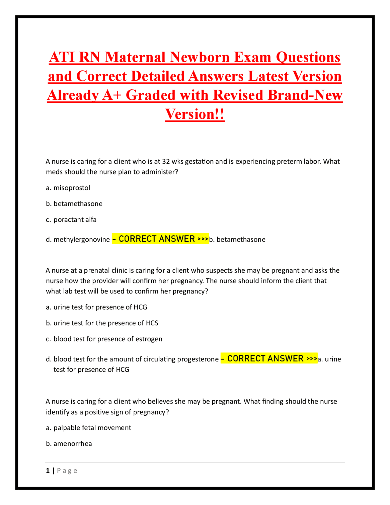 ATI RN Maternal Newborn Exam Questions and Answers: High-Risk Pregnancy ...