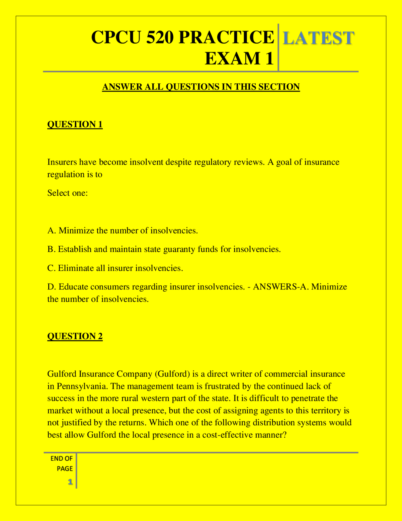 CPCU 520 PRACTICE EXAM 1 QUESTIONS AND ANSWERS 2025 | Exams Insurance ...