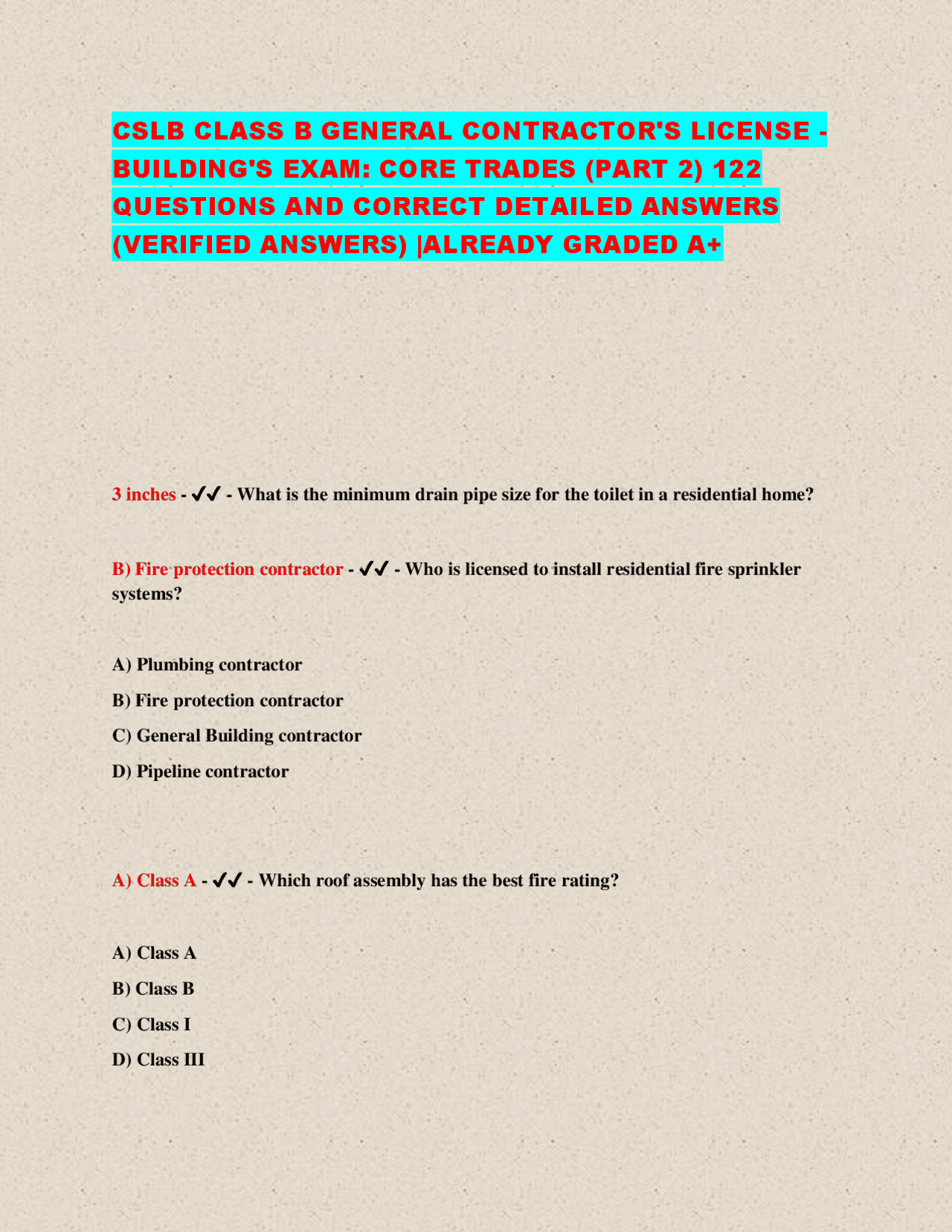 CSLB Class B Contractor Exam: Core Trades Q&A | Exams Engineering | Docsity