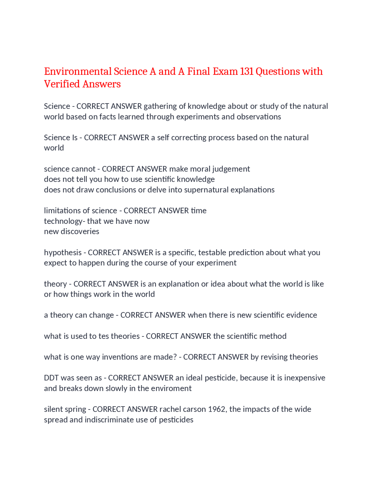 Environmental Science A and A Final Exam 131 Questions with Verified ...