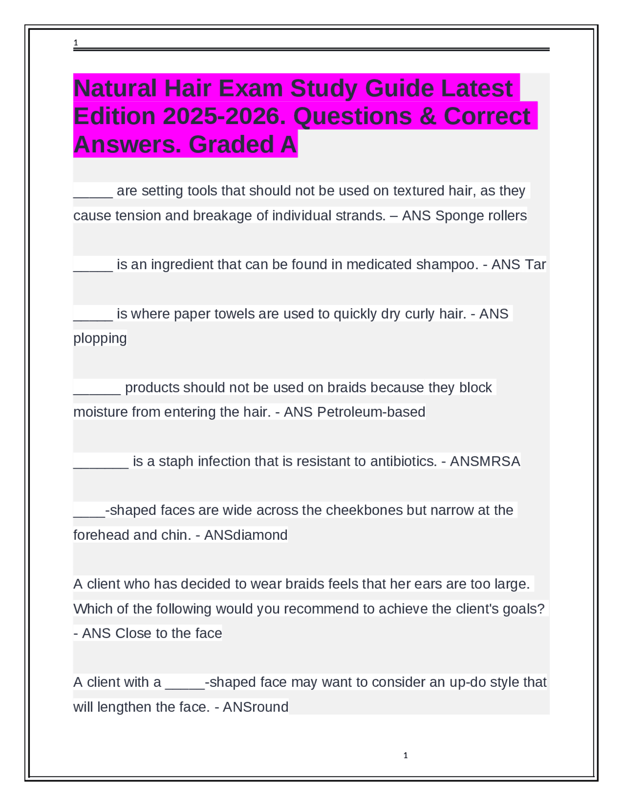 Natural Hair Exam Study Guide Latest Edition 2025-2026. Questions ...