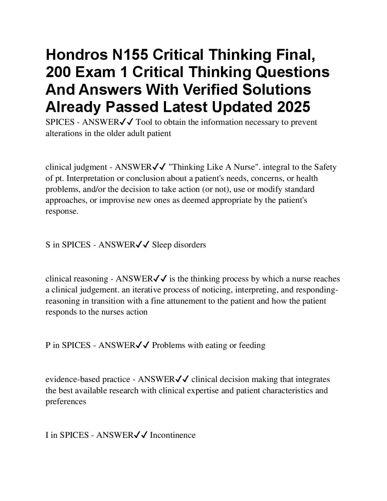 Critical Thinking in Nursing: SPICES and Tanner's Model | Exams ...
