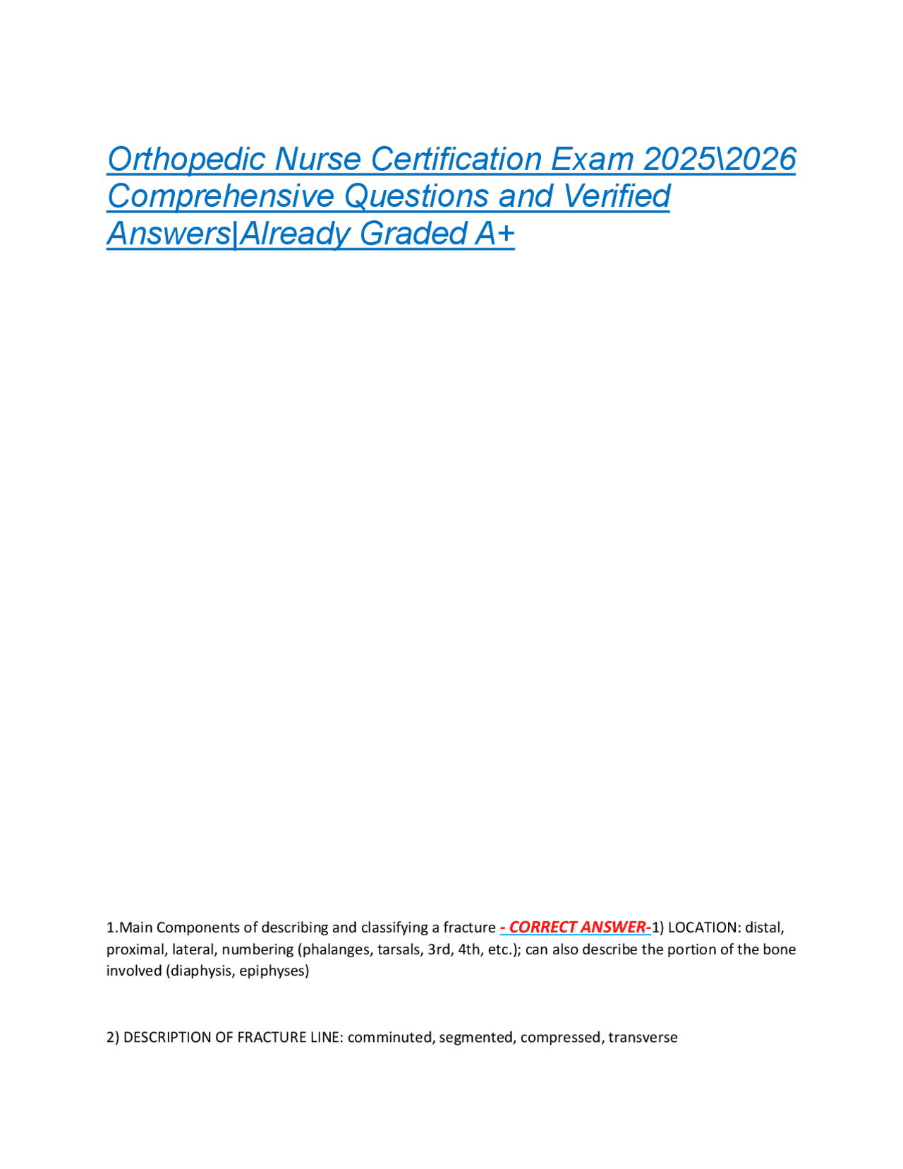 Orthopedic Nurse Certification Exam 2025\2026 Comprehensive Questions ...