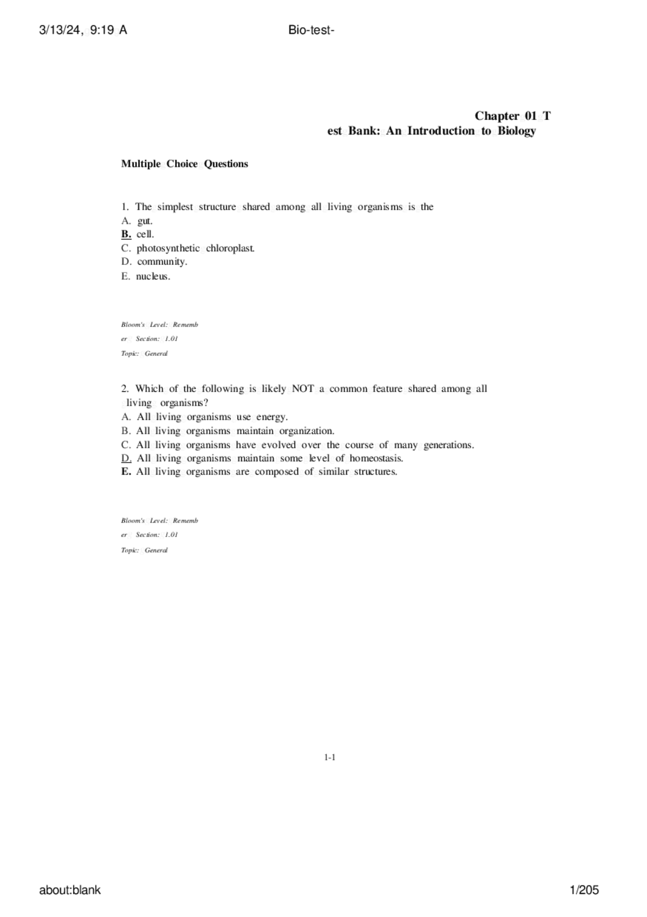 Biology Test Bank: Introductory Multiple Choice Questions | Exams ...