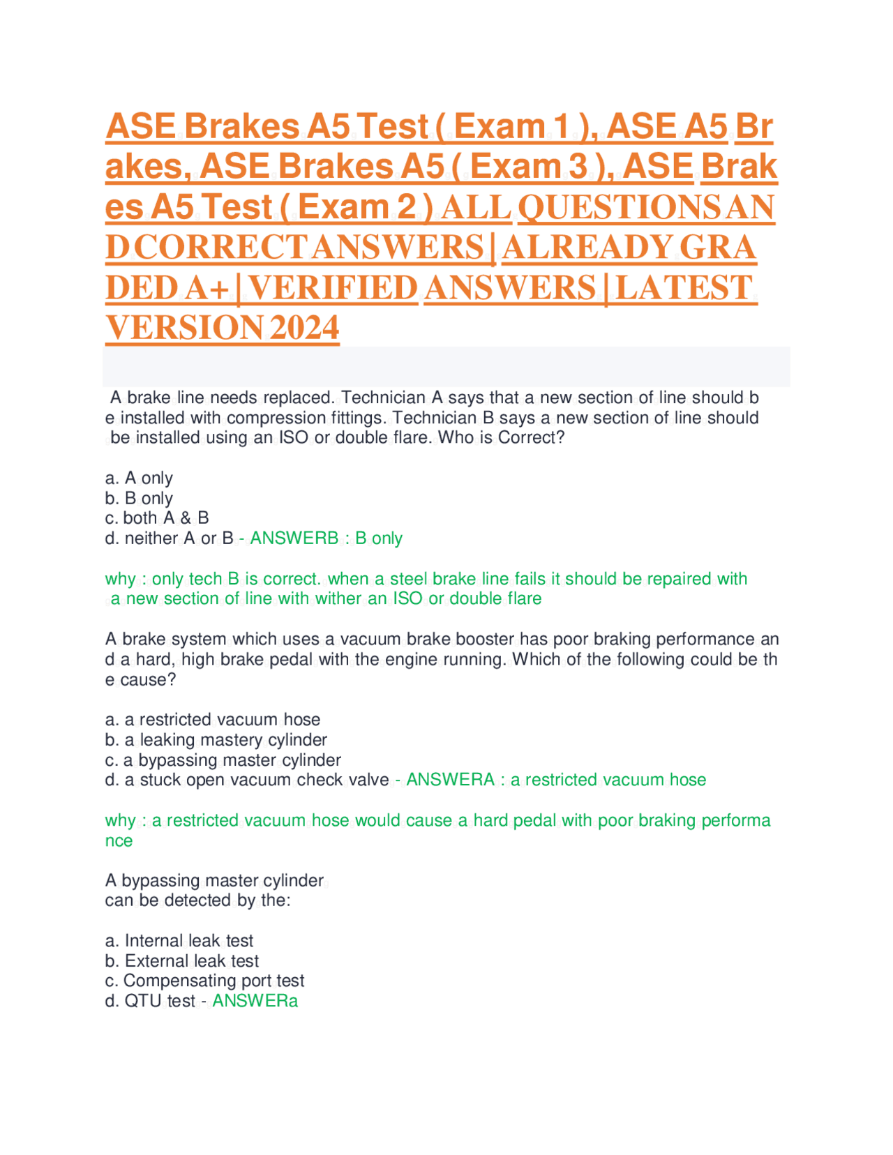 ASE A5 AUTOMOTIVE BRAKES CERTIFICATION EXAM 2024 2025 WITH 200 REAL ...