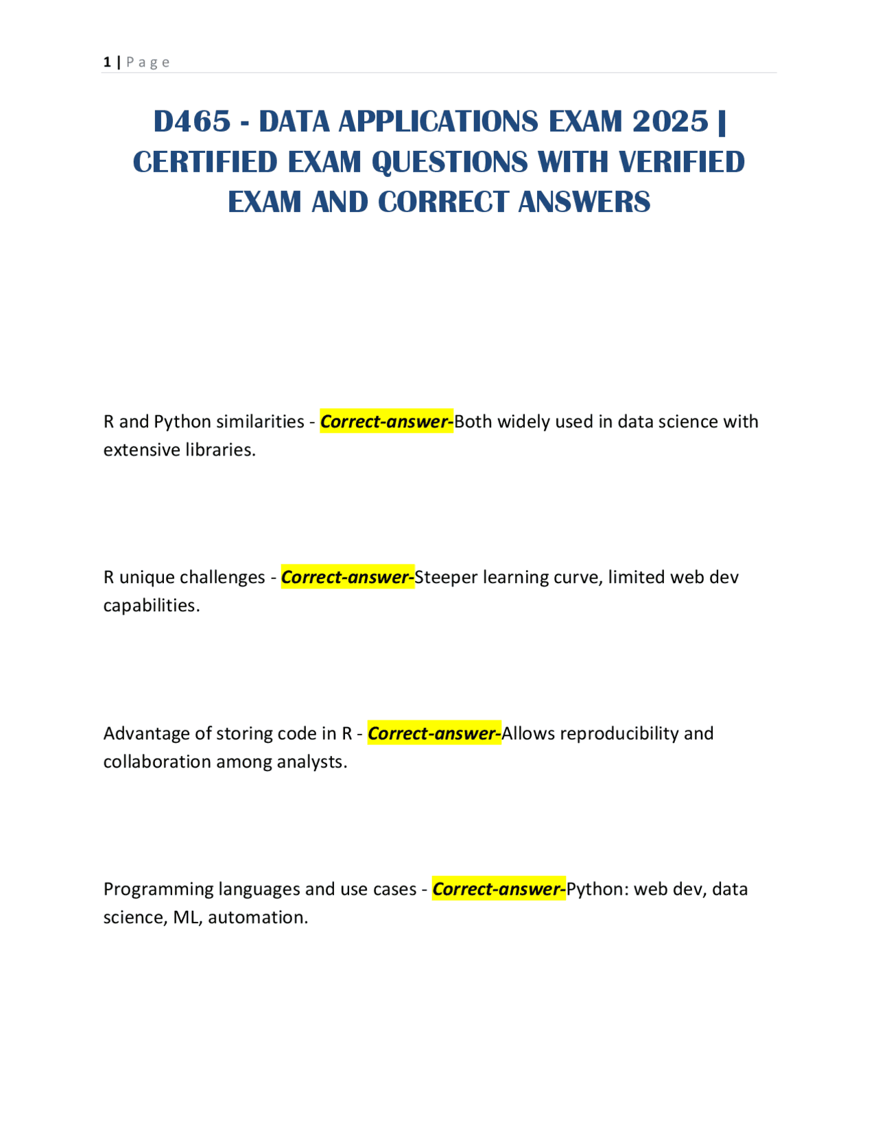 D465 - DATA APPLICATIONS EXAM 2025 | CERTIFIED EXAM QUESTIONS WITH VERIFIED ANSWERS | Exams ...