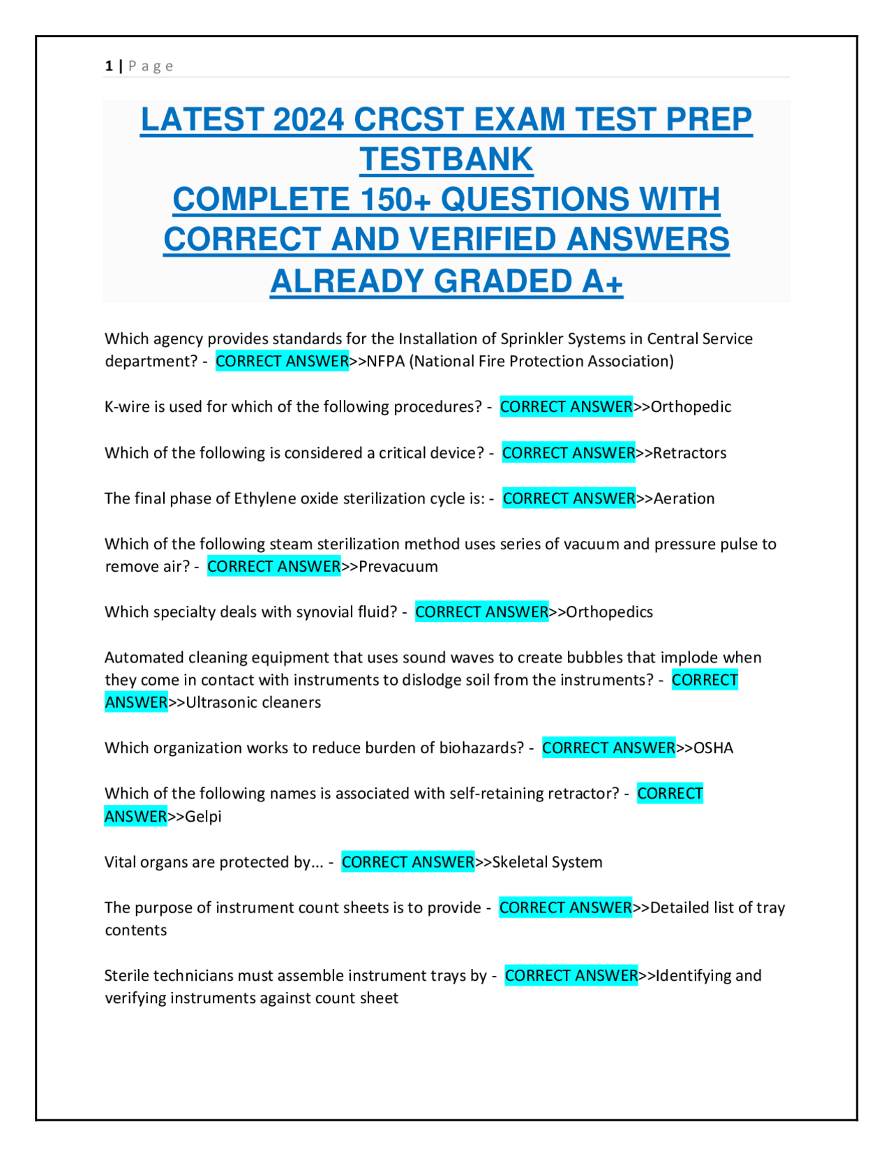 LATEST 2024 CRCST EXAM TEST PREP TESTBANK COMPLETE 150+ QUESTIONS WITH ...