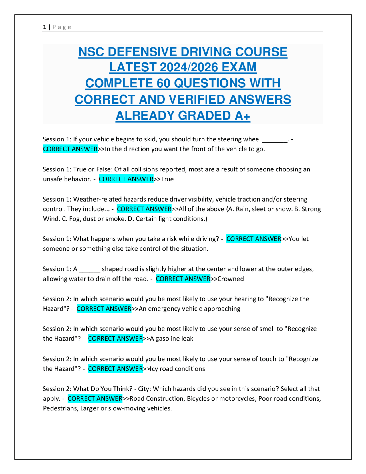 NSC Defensive Driving Course Exam: 60 Q&A for 2024/2026 | Exams Nursing ...