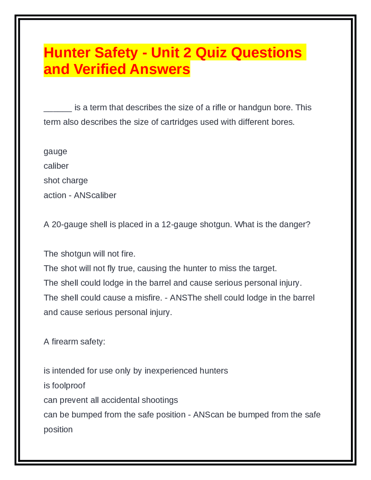 Hunter Safety - Unit 2 Quiz Questions and Verified Answers | Exams ...