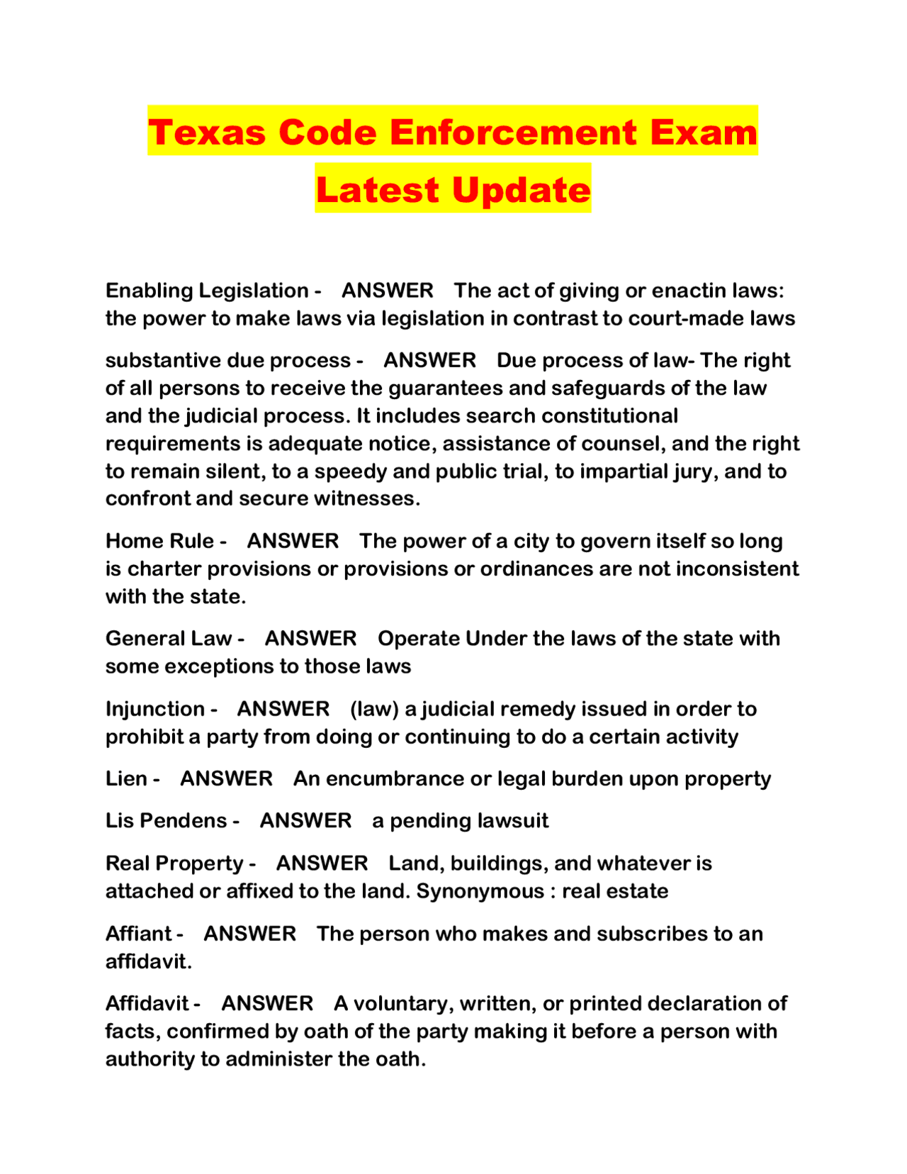 TEXAS CODE ENFORCEMENT CE STUDY GUIDE | Exams Public Policy | Docsity