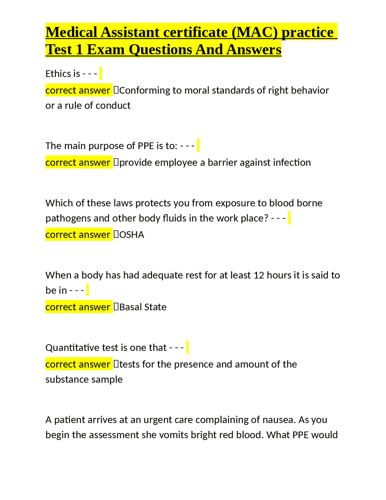 Medical Assistant certificate (MAC) practice Test 1 Exam Questions And ...