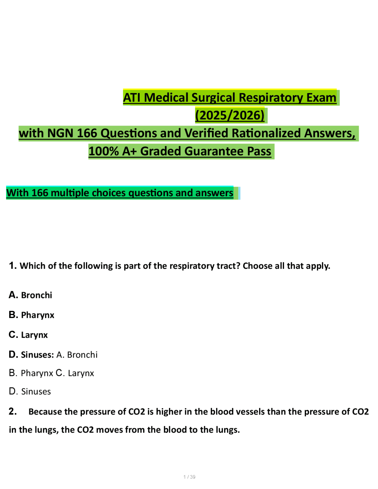 ATI Medical Surgical Respiratory Exam (2025/2026) with NGN 166 ...