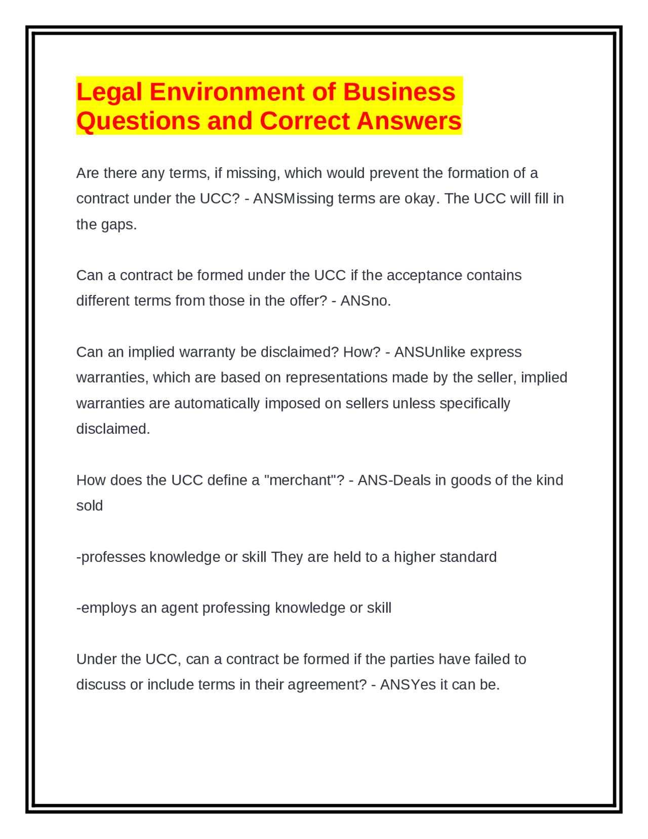 UCC Contract Law: Questions and Answers | Exams Business and Labour Law ...