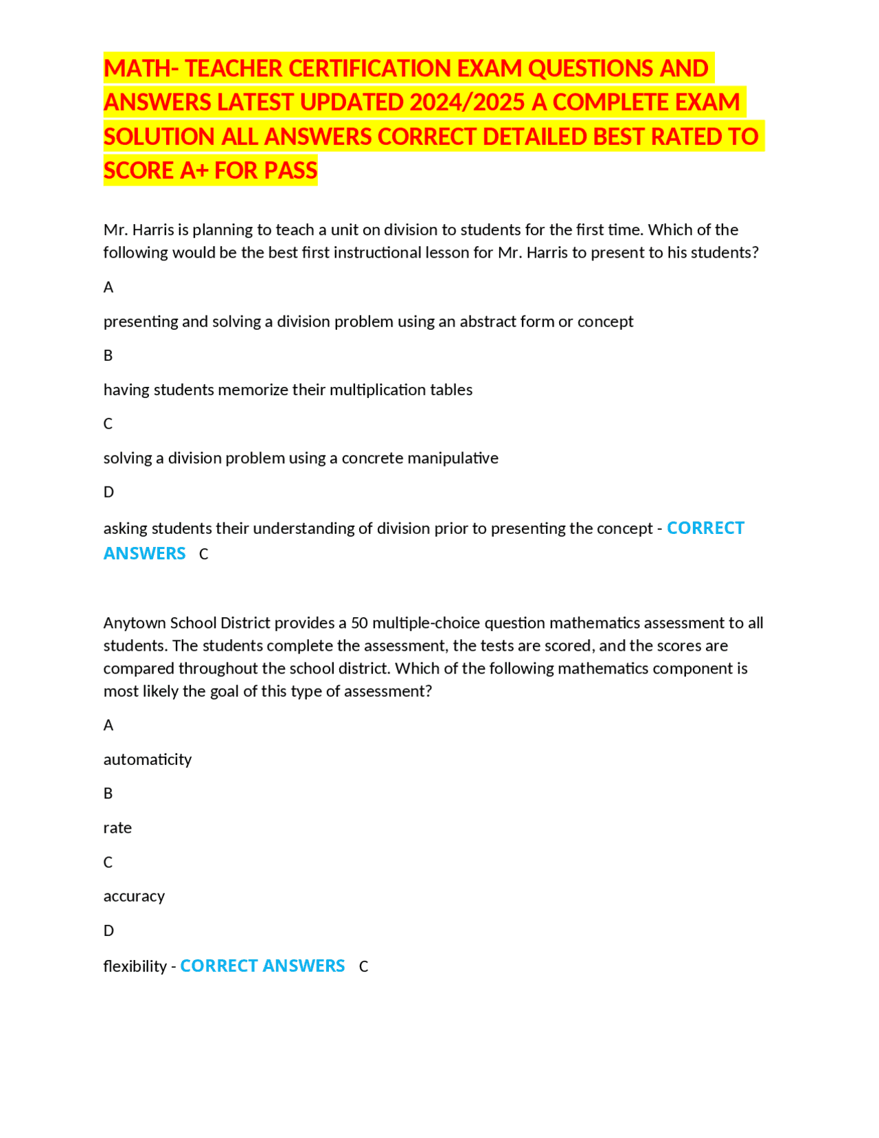 MATH- TEACHER CERTIFICATION EXAM QUESTIONS AND ANSWERS LATEST UPDATED ...