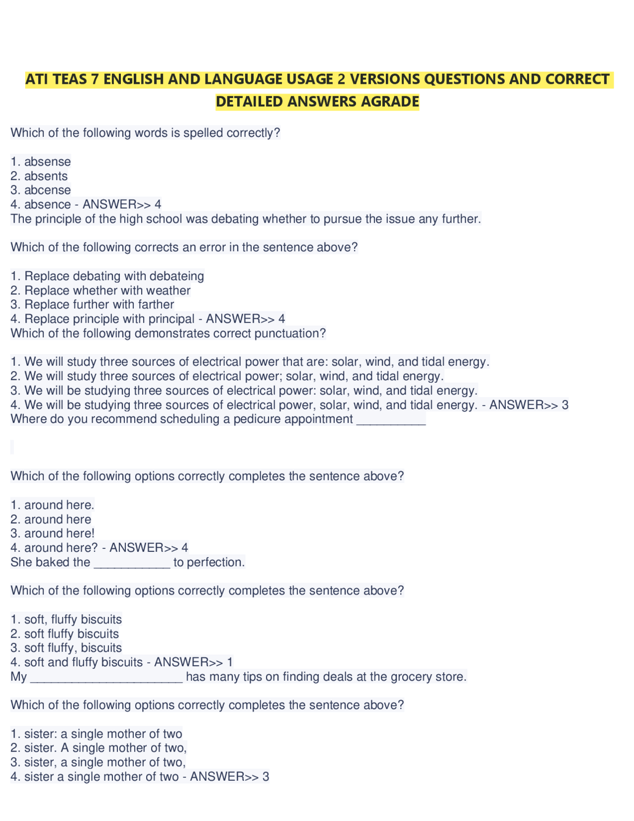 ATI TEAS 7 ENGLISH AND LANGUAGE USAGE 2 VERSIONS QUESTIONS AND CORRECT ...
