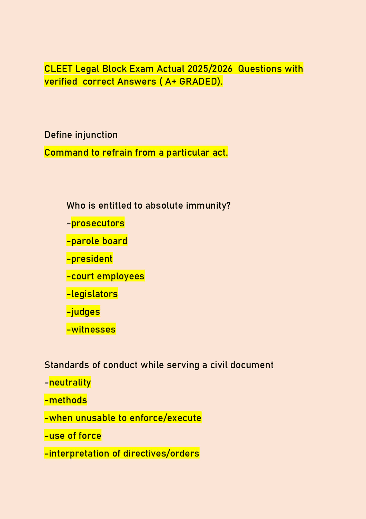 CLEET Legal Block Exam Actual 2025/2026 Questions with verified correct ...