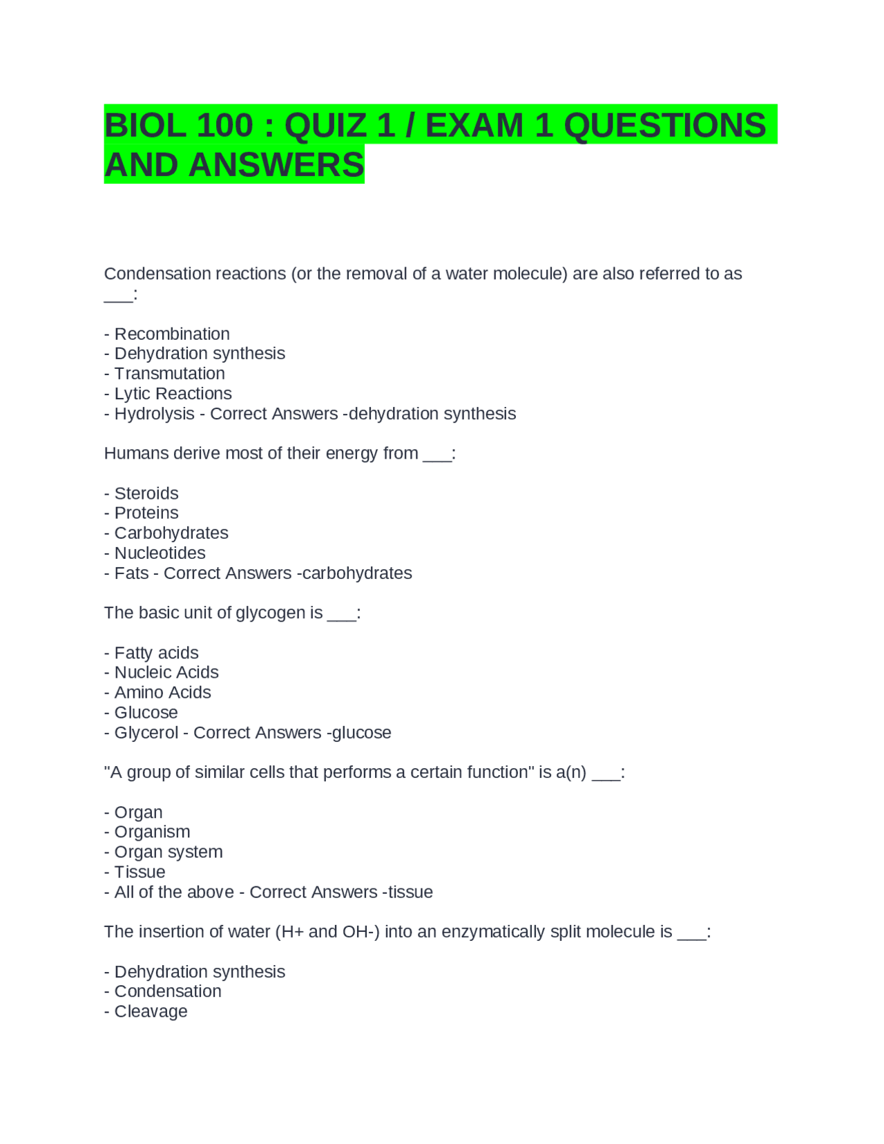 BIOL 100 QUIZ 1 - EXAM 1 QUESTIONS AND ANSWERS | GRADED A | Exams ...