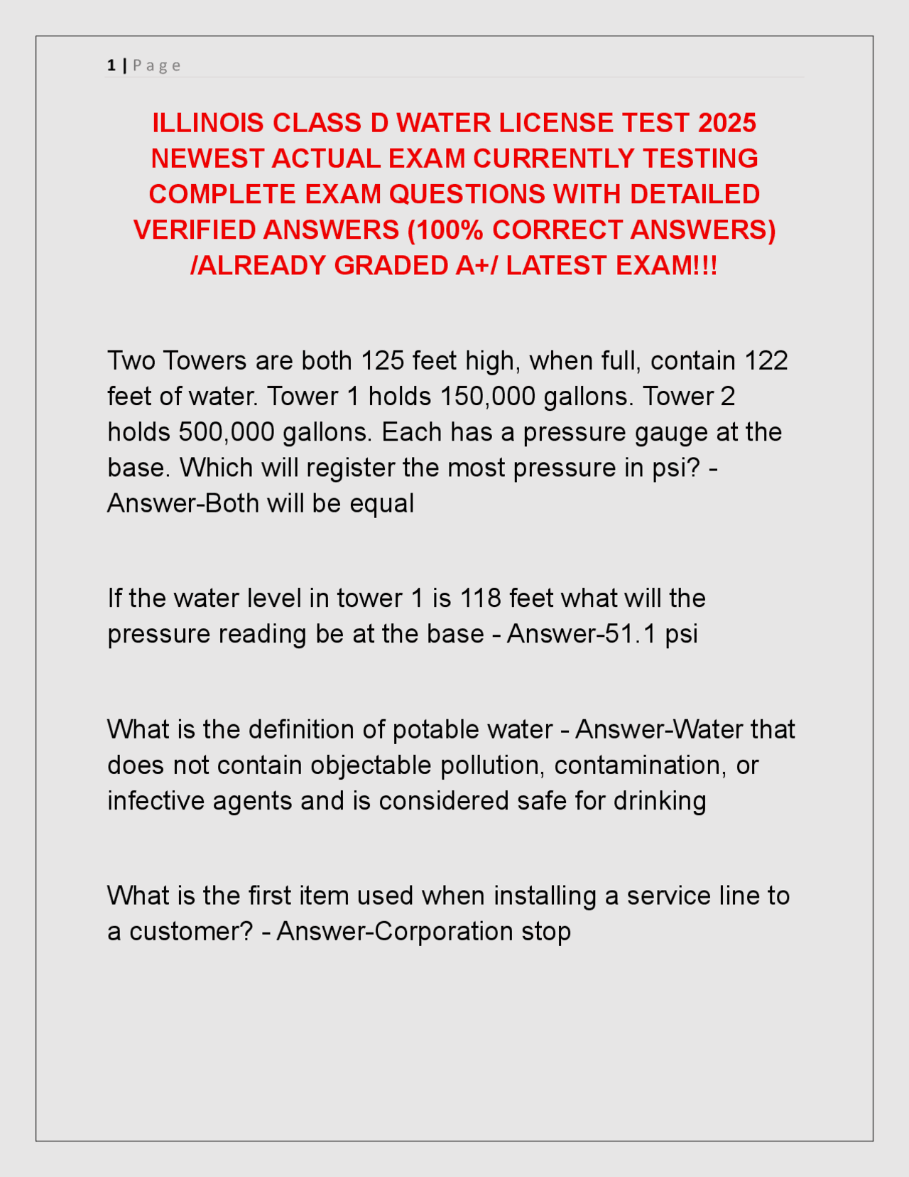 ILLINOIS CLASS D WATER LICENSE TEST 2025 NEWEST ACTUAL EXAM CURRENTLY ...