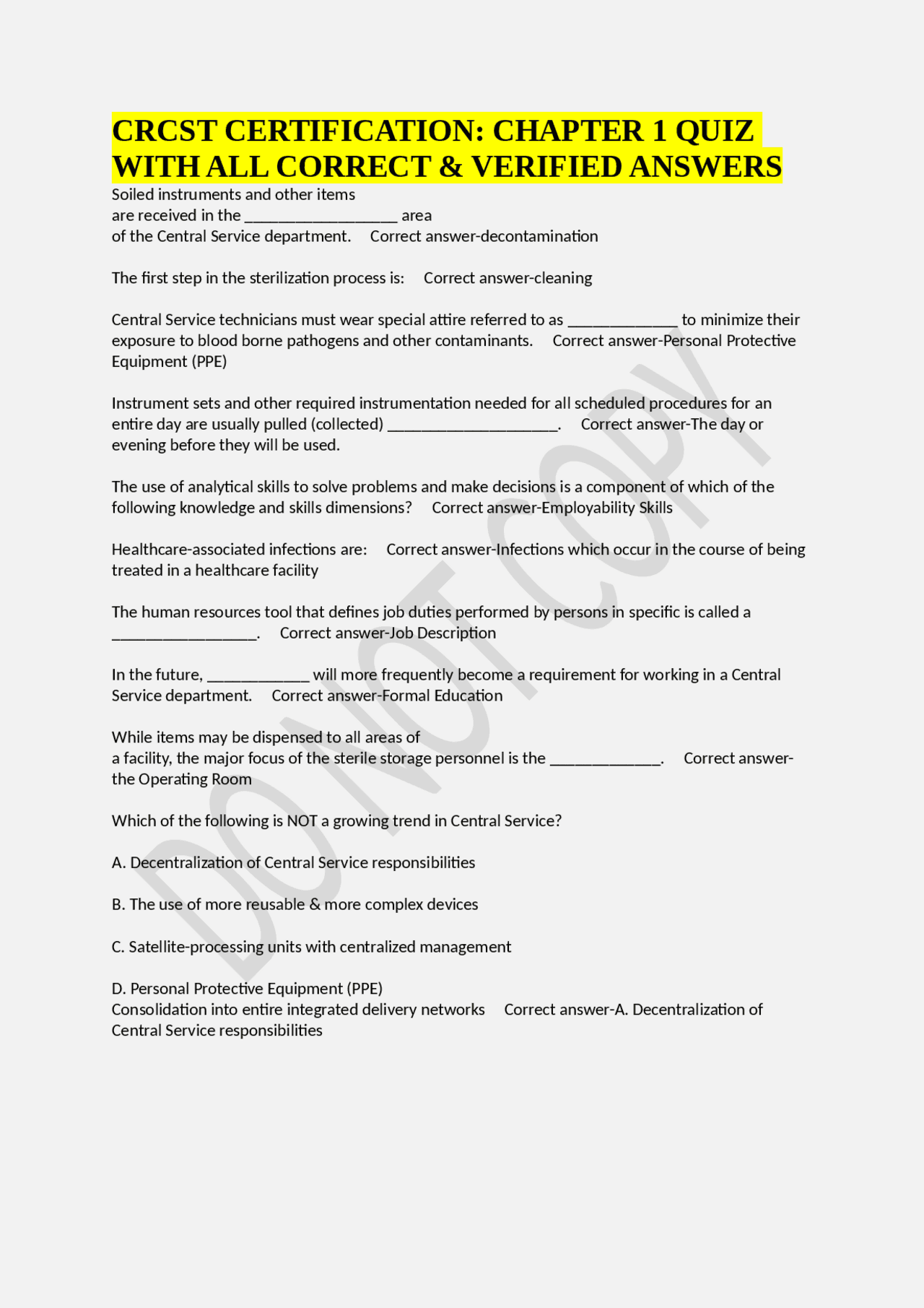 CRCST Certification: Chapter 1 Quiz – All Correct & Verified Answers ...