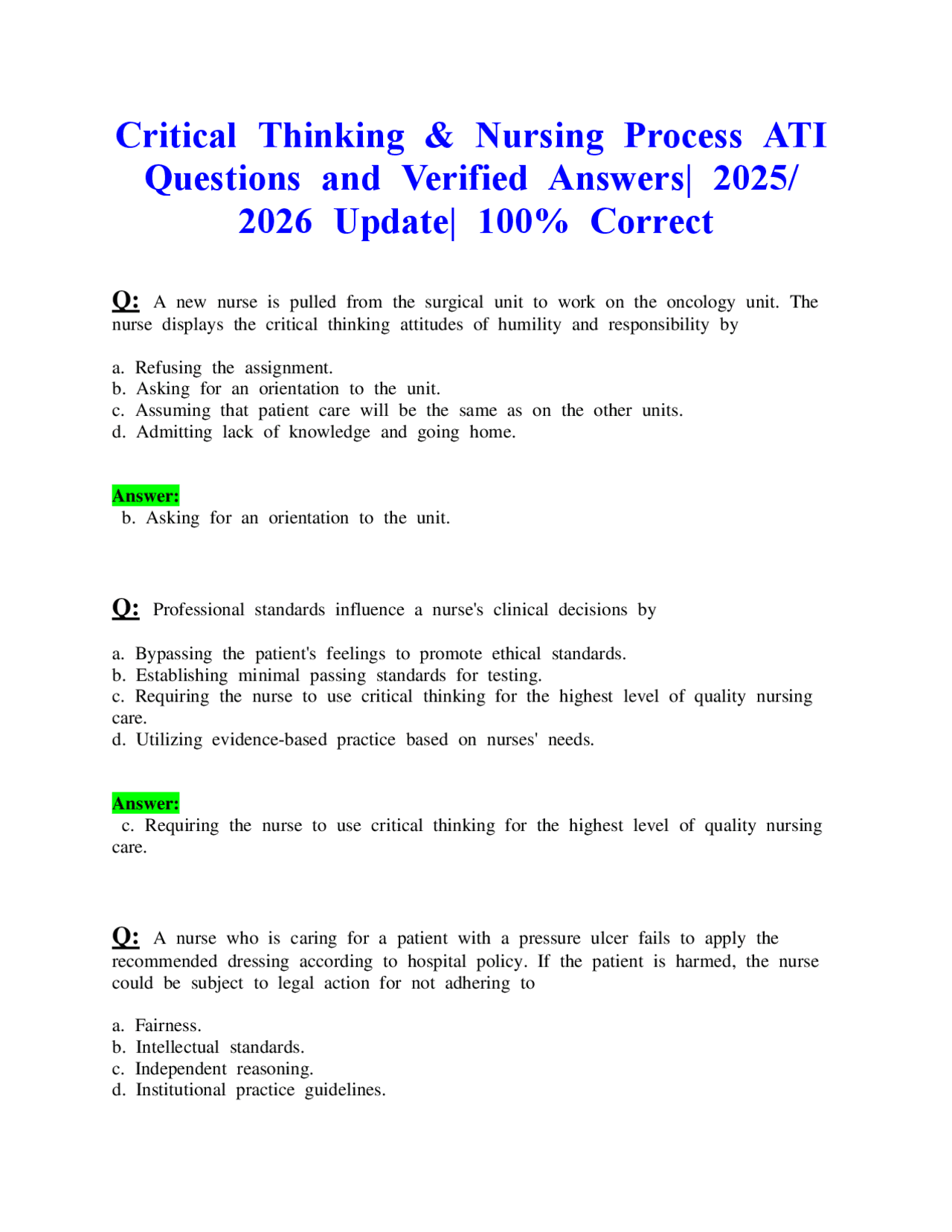 Critical Thinking & Nursing Process ATI Questions and Verified Answers ...