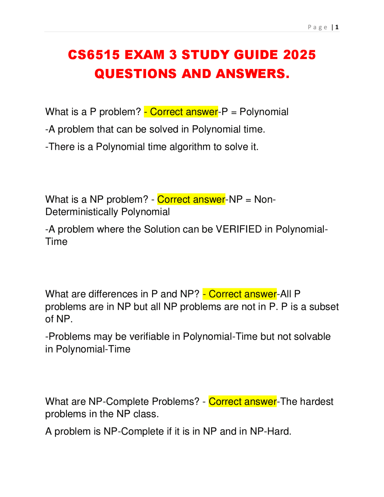 CS6515 EXAM 3 STUDY GUIDE 2025 QUESTIONS AND ANSWERS. | Exams Algorithms and Programming | Docsity