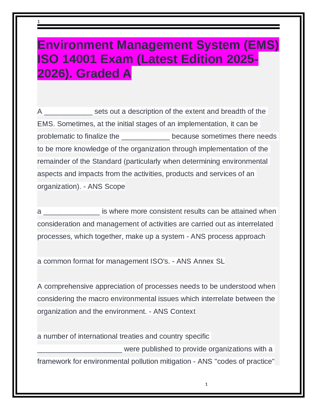Environment Management System (EMS) ISO 14001 Exam (Latest Edition 2025 ...