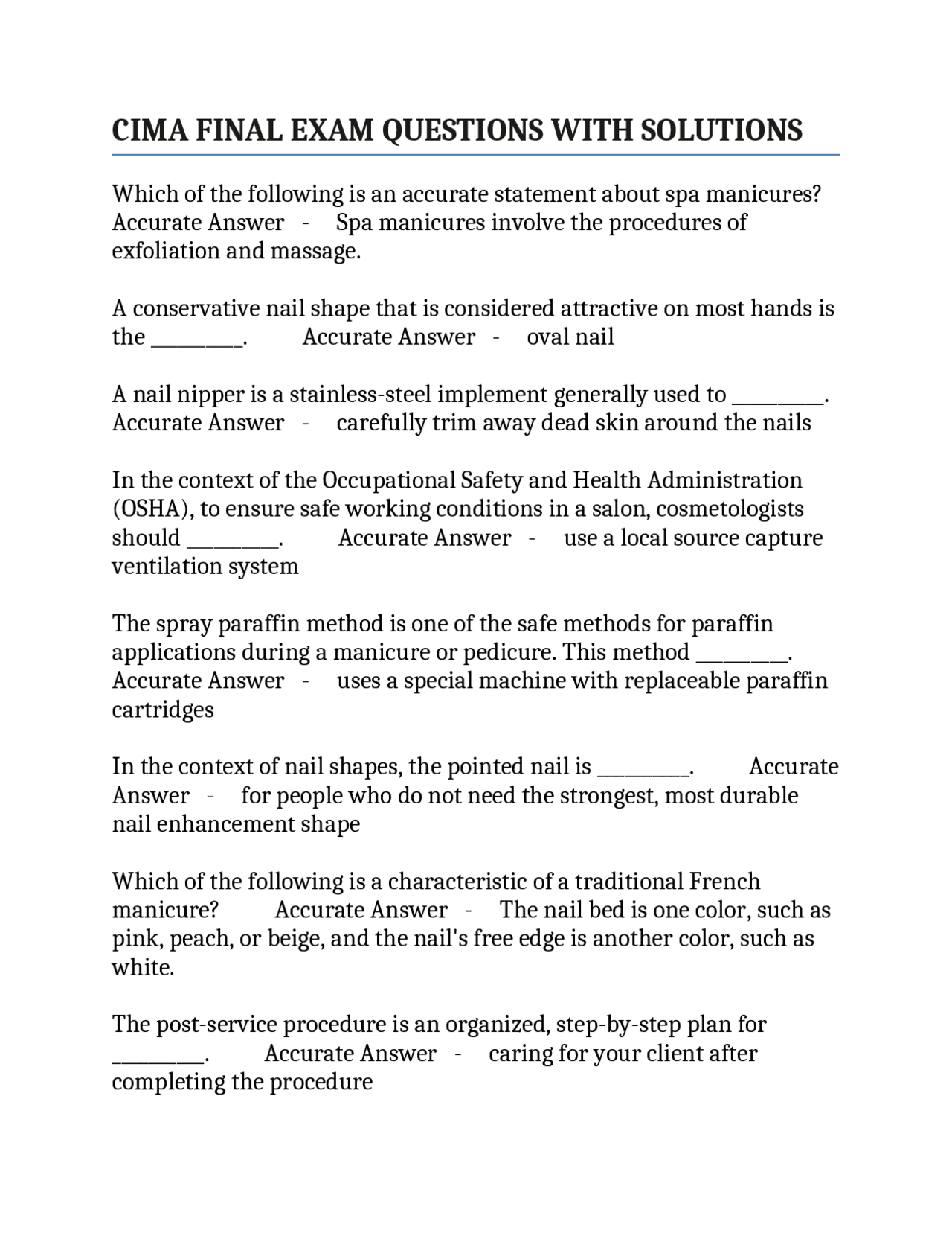 CIMA FINAL EXAM QUESTIONS WITH SOLUTIONS | Exams Cosmetology | Docsity