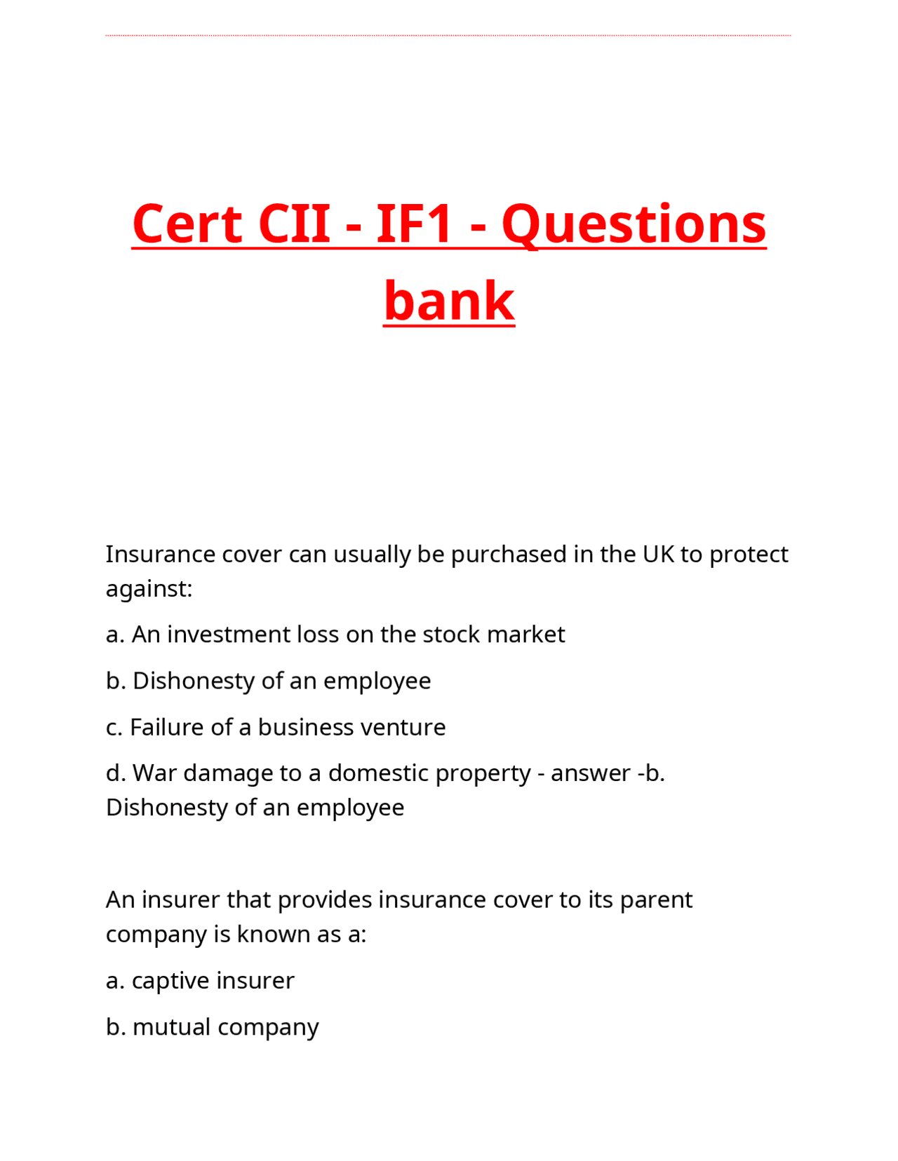 Cert CII - IF1 - Questions bank.docx | Exams Nursing | Docsity