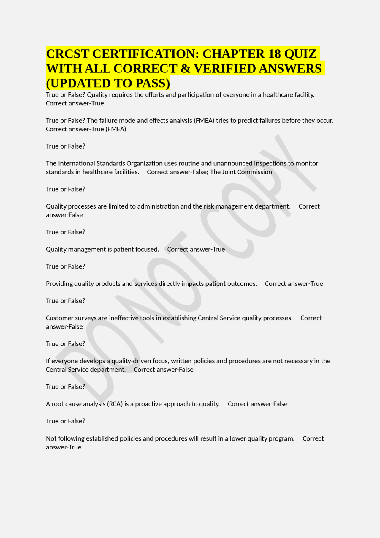 CRCST Certification: Chapter 18 Quiz – All Correct & Verified Answers ...