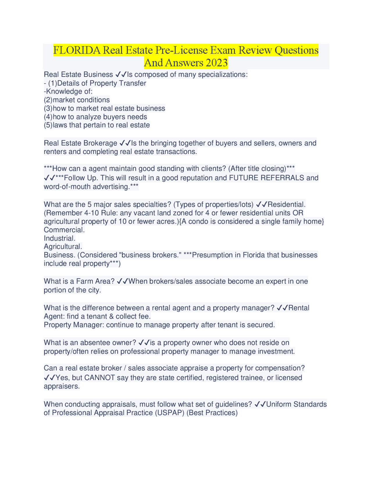 FLORIDA Real Estate Pre-License Exam Review Questions And Answers ...