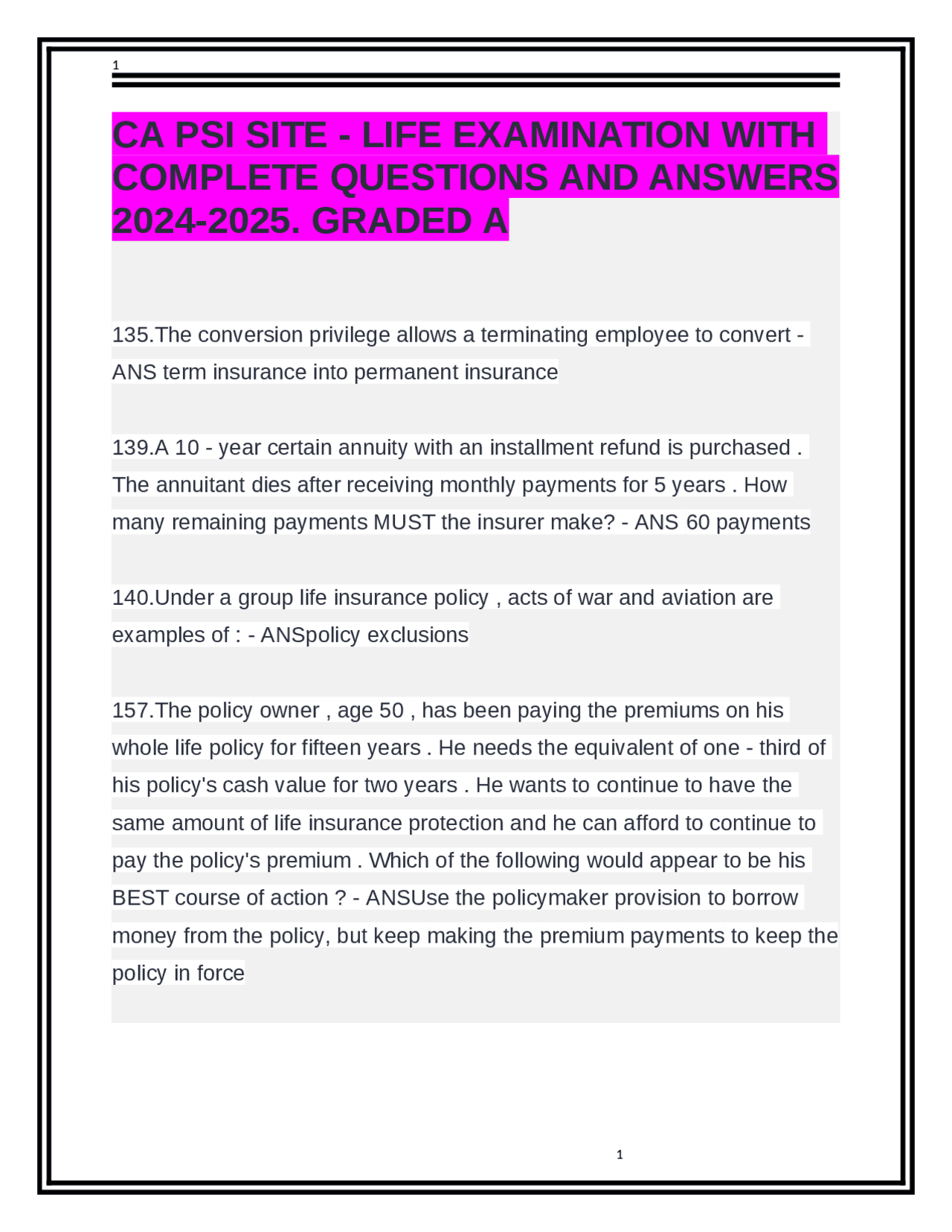 CA PSI SITE - LIFE EXAMINATION WITH COMPLETE QUESTIONS AND ANSWERS 2024 ...