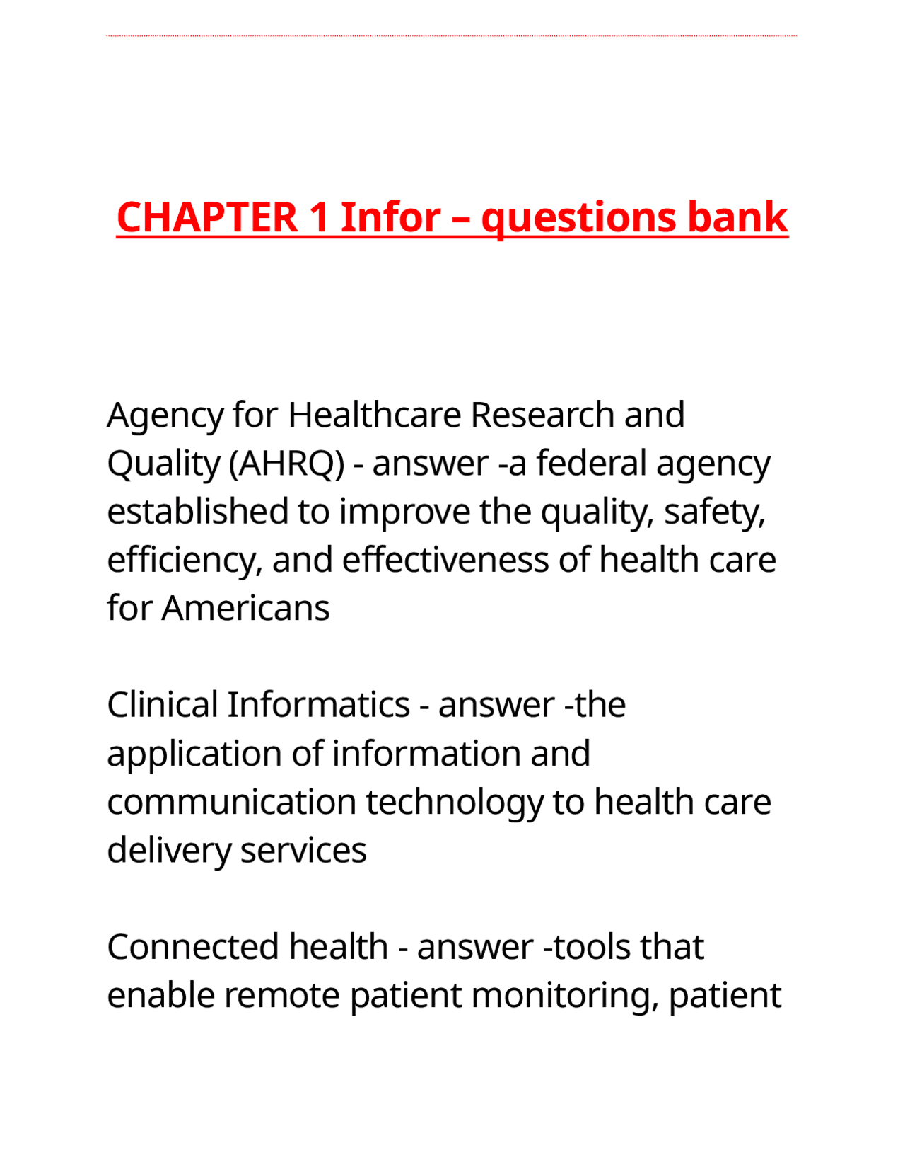 CHAPTER 1 Infor – questions bank.docx | Exams Nursing | Docsity