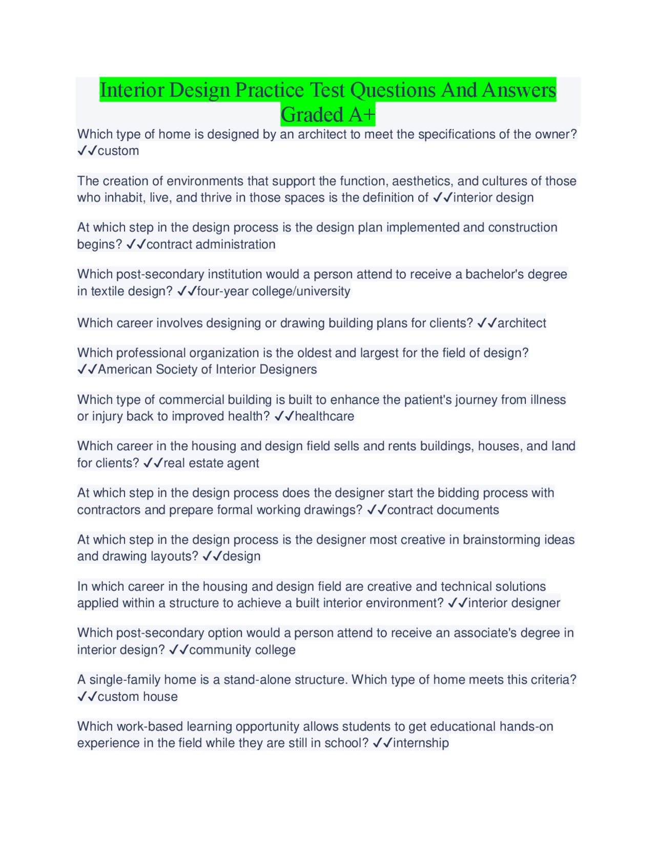 Interior Design Practice Test Questions And Answers Graded A | Exams ...