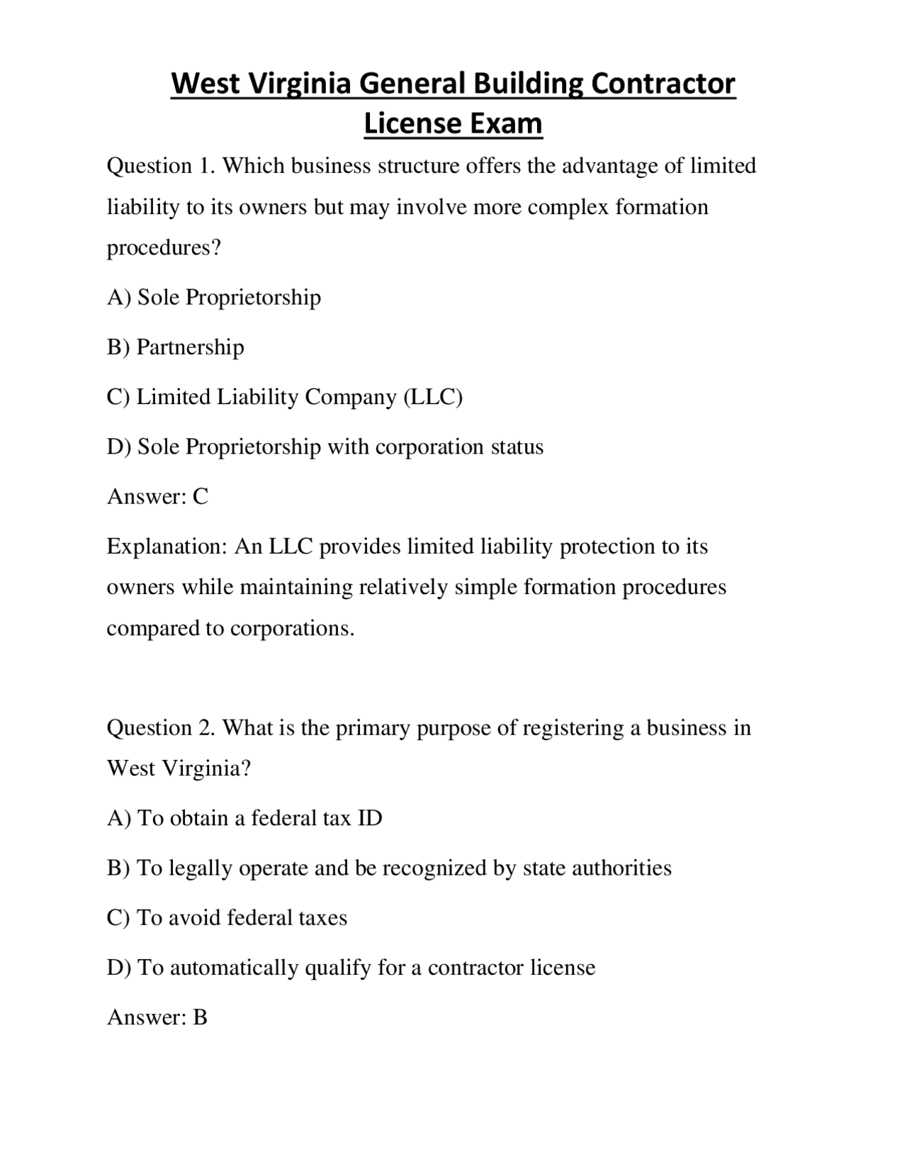 West Virginia General Building Contractor License Exam | Exams ...