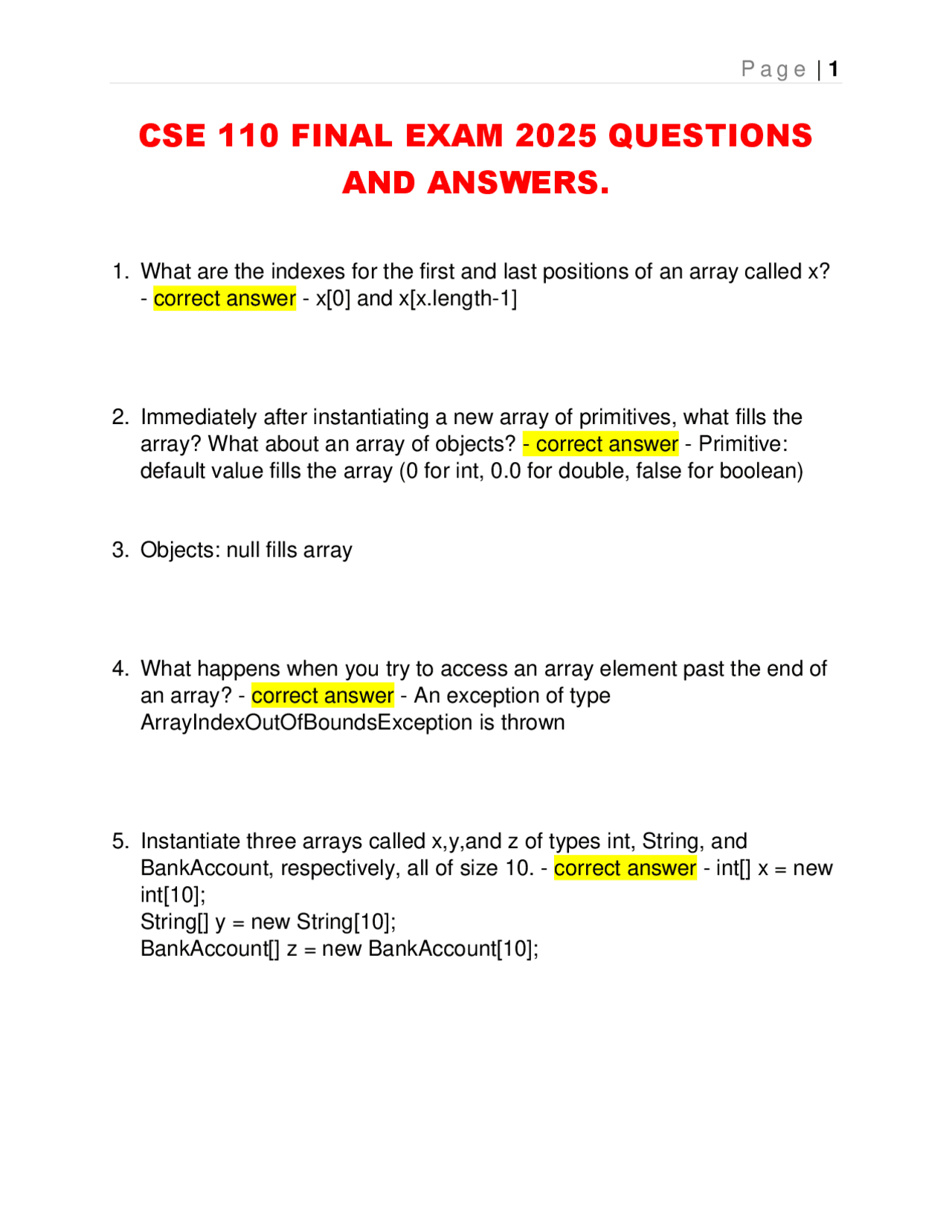 CSE 110 FINAL EXAM 2025 QUESTIONS AND ANSWERS. | Exams Engineering | Docsity