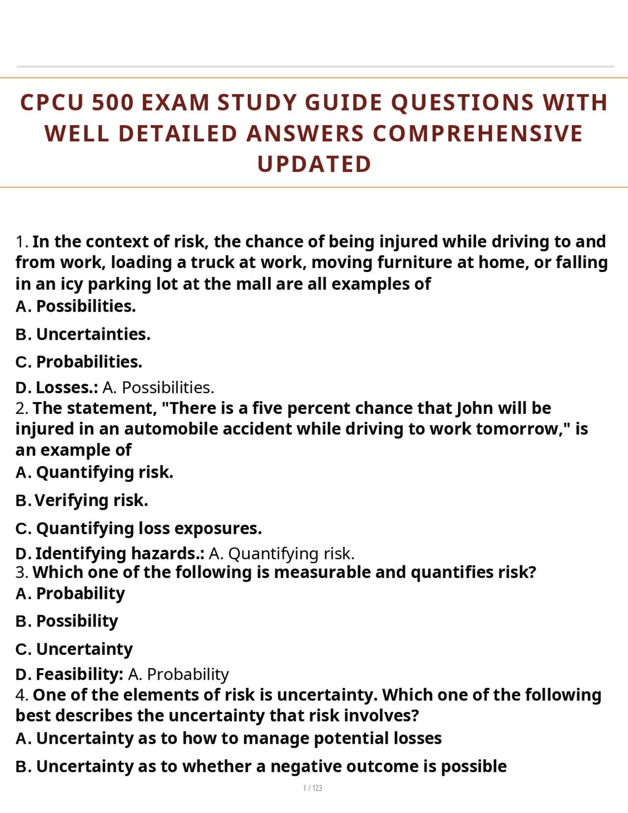 CPCU 500 Exam Study Guide: Risk Management Questions and Answers ...