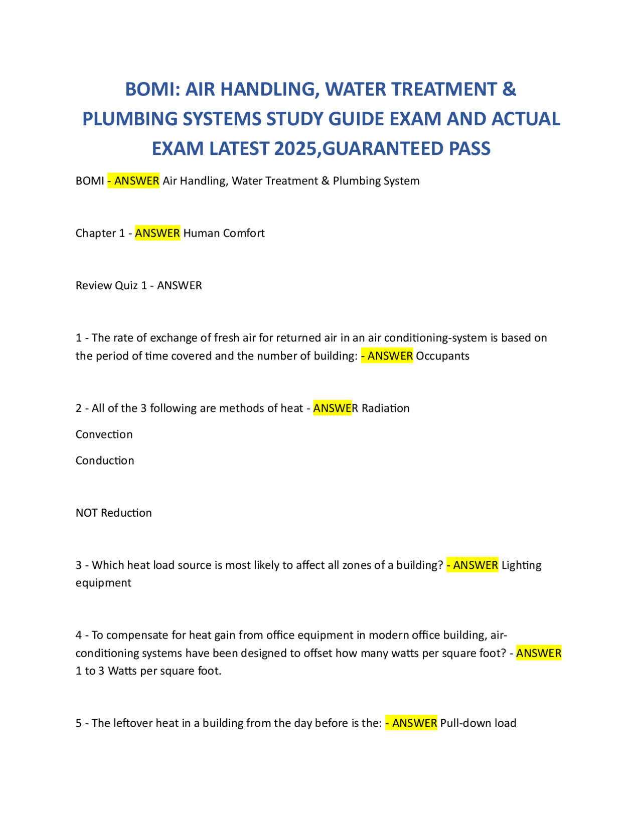 BOMI: AIR HANDLING, WATER TREATMENT & PLUMBING SYSTEMS STUDY GUIDE EXAM ...