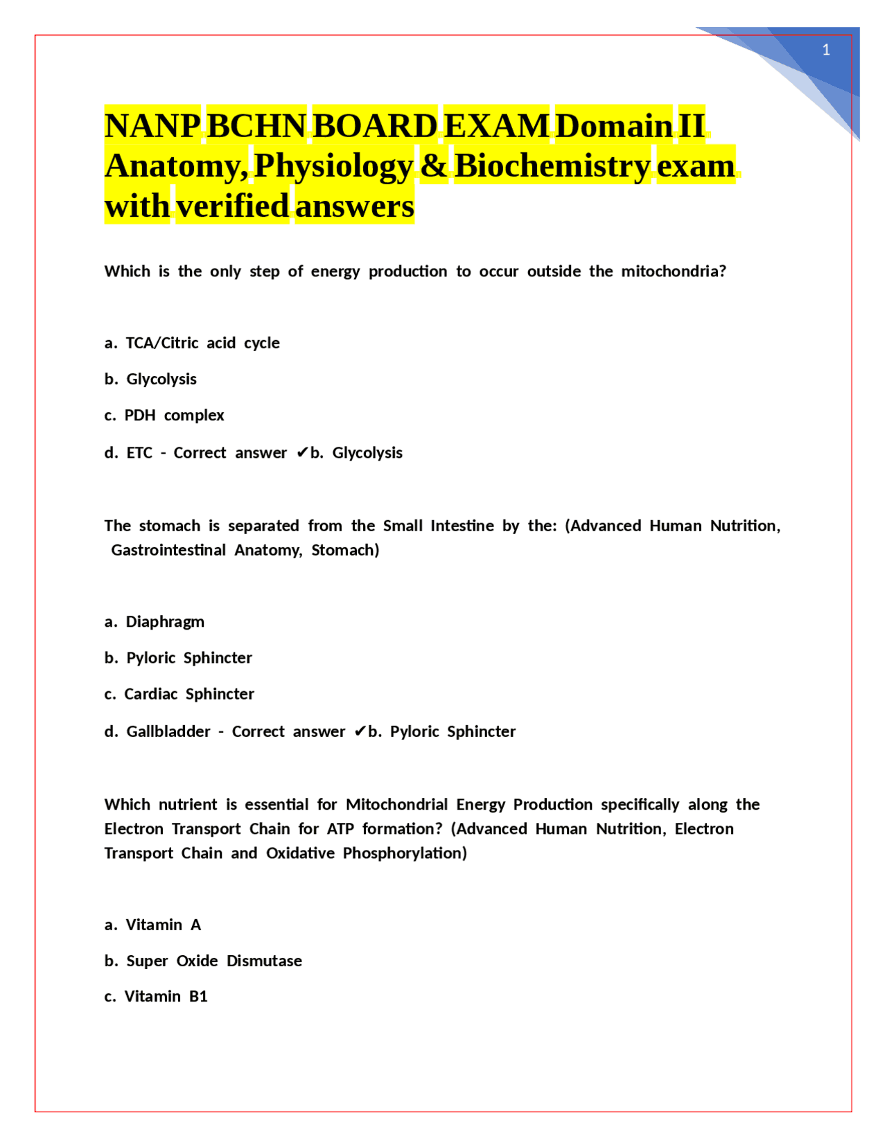 NANP BCHN BOARD EXAM Domain II Anatomy, Physiology & Biochemistry exam ...
