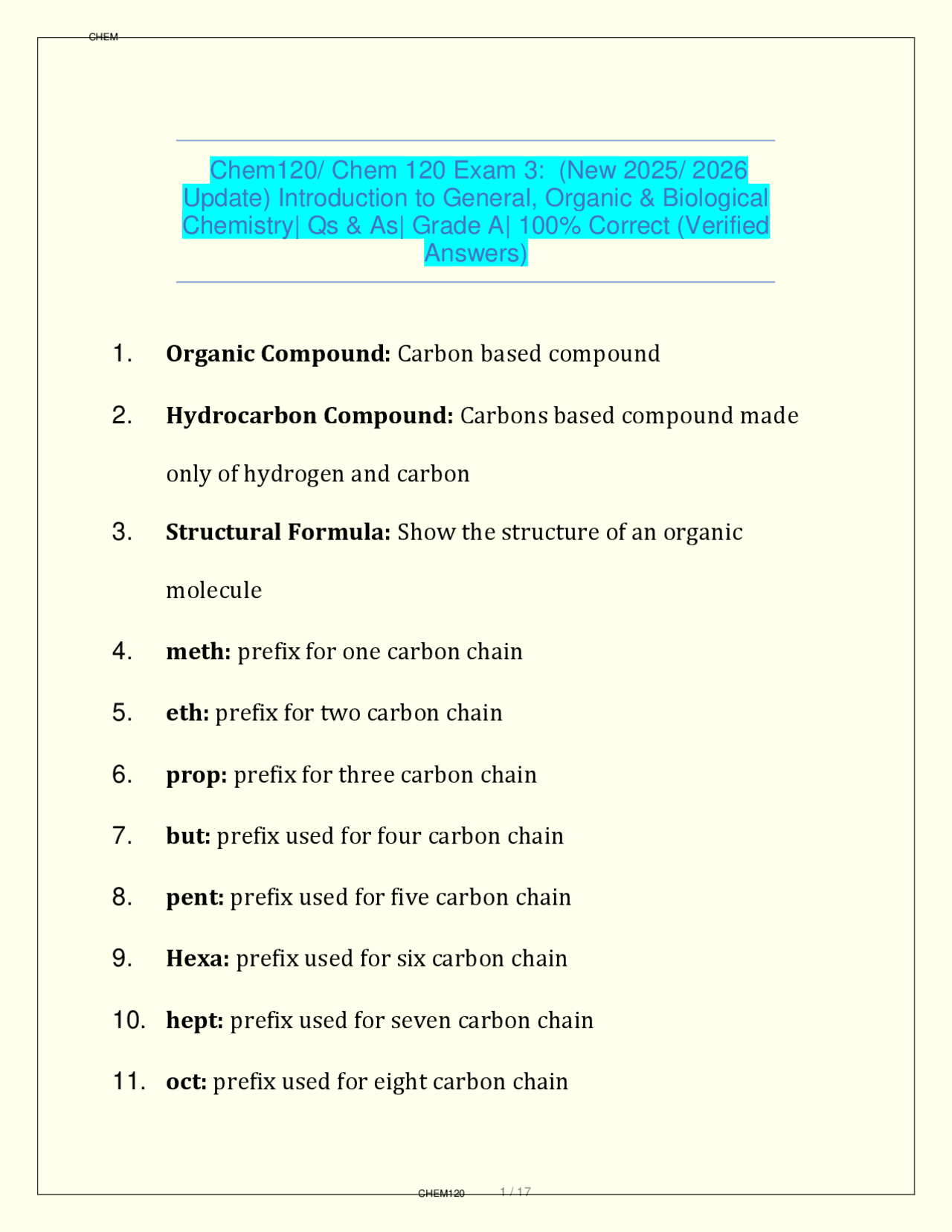 Chem120/ Chem 120 Exam 3: 2025/26 Introduction to General, Organic & Biological chemistry ...