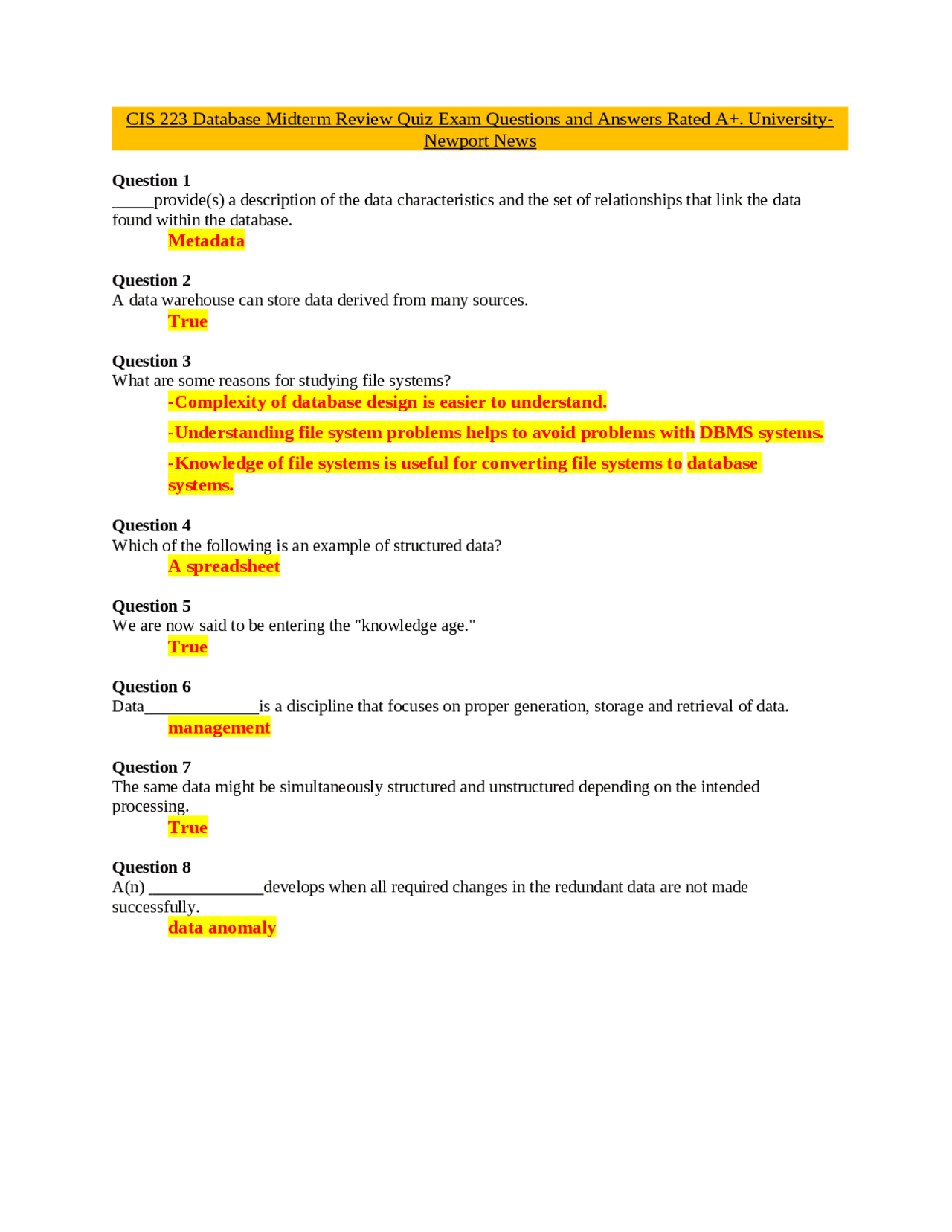 CIS 223 Database Midterm Review Quiz Exam Questions and Answers Rated A+. University-Newpo ...