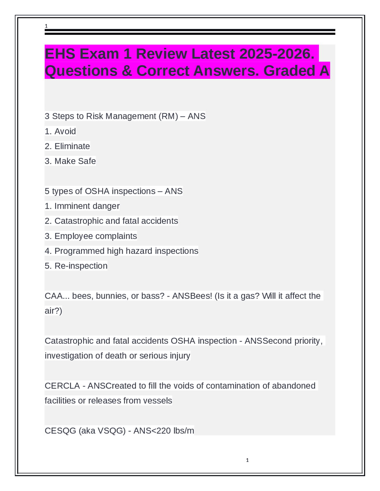 EHS Exam 1 Review Latest 2025-2026. Questions & Correct Answers. Graded ...