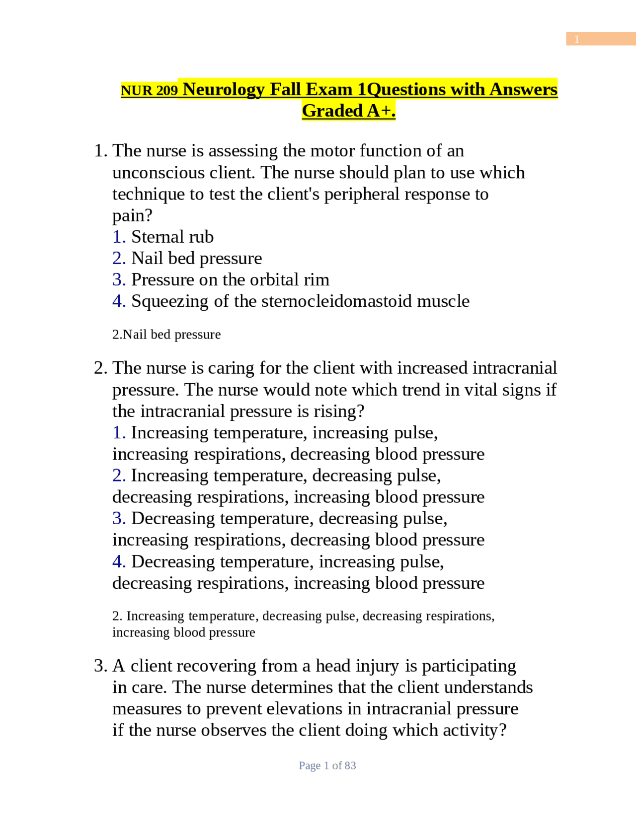 NUR 209 Neurology Fall Exam 1Questions with Answers Graded A+. | Exams ...