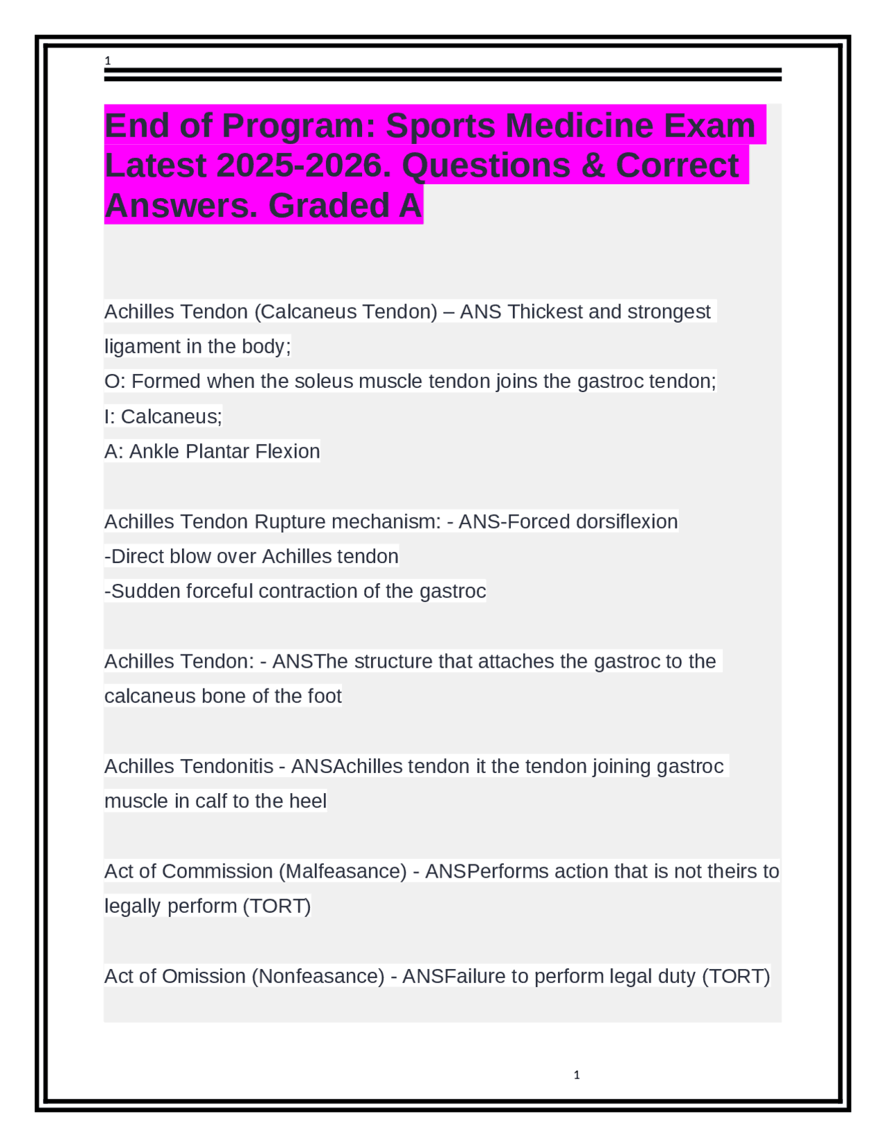 End of Program: Sports Medicine Exam Latest 2025-2026. Questions ...