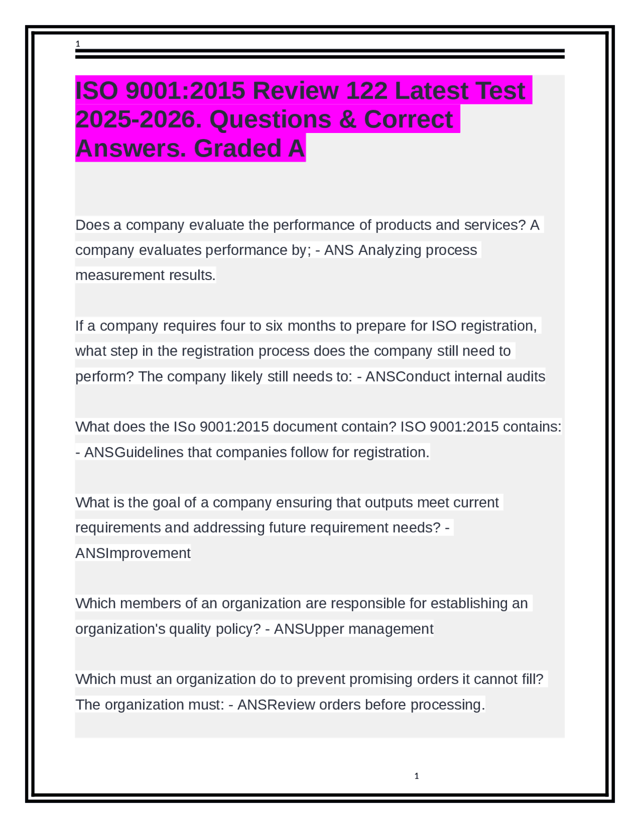 ISO 9001:2015 Review 122 Latest Test 2025-2026. Questions & Correct ...