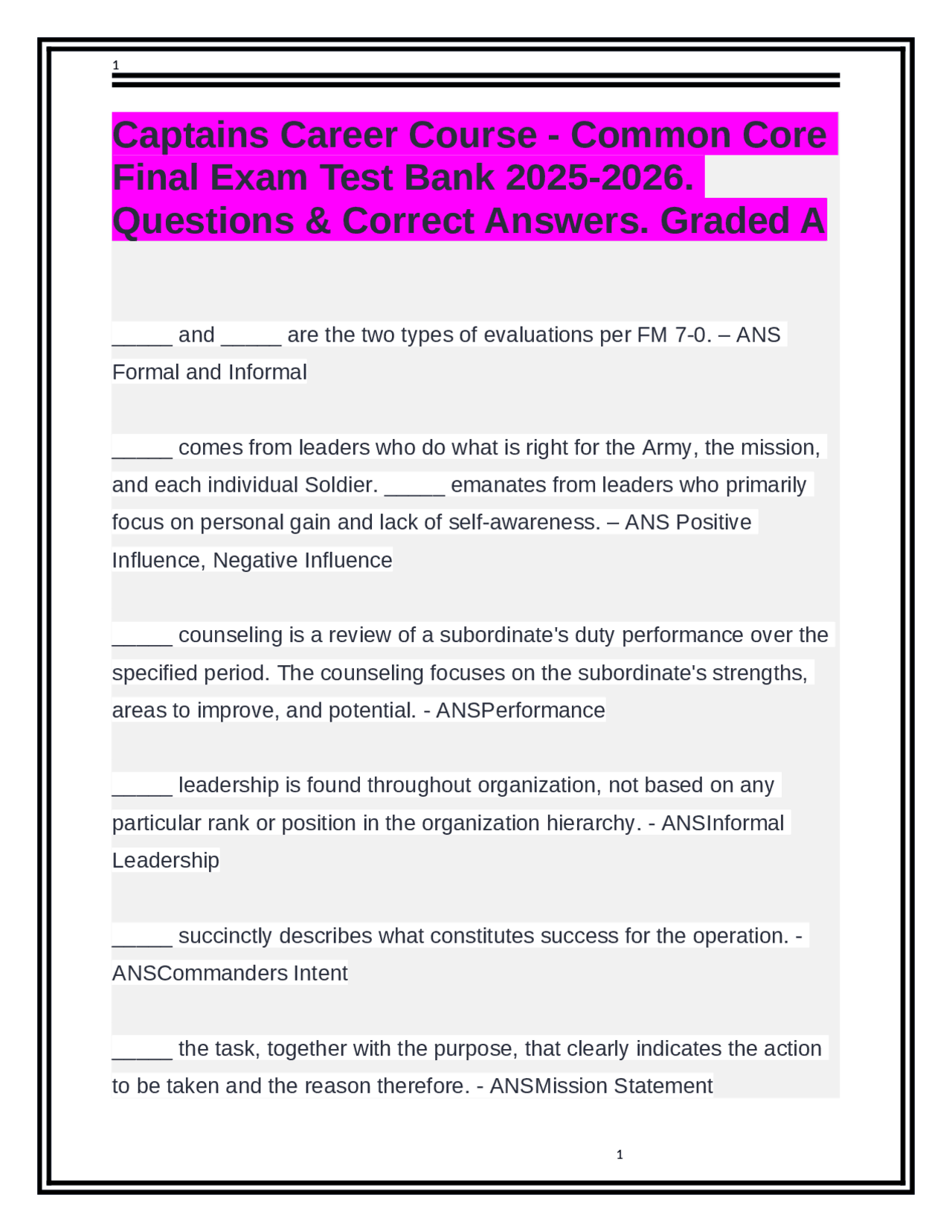 Captains Career Course - Common Core Final Exam Test Bank 2025-2026 ...