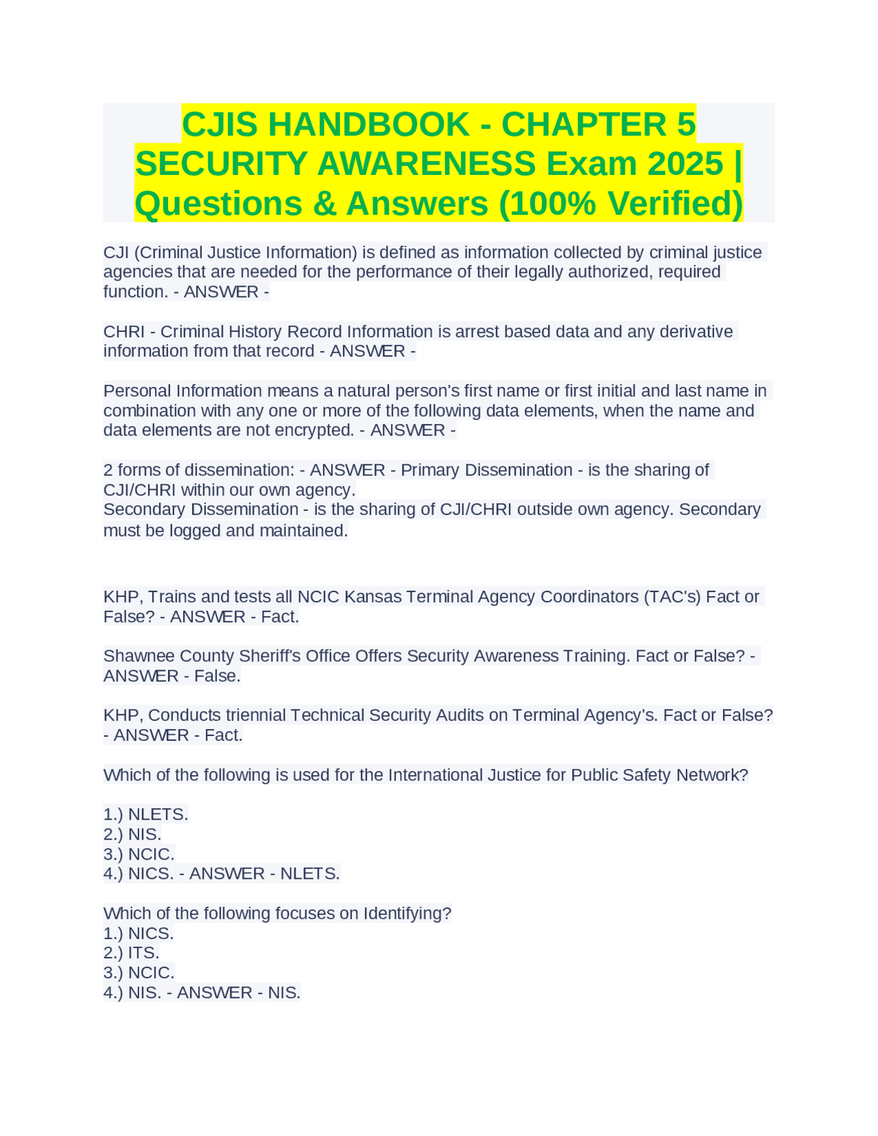 CJIS HANDBOOK - CHAPTER 5 SECURITY AWARENESS Exam 2025 | Questions ...